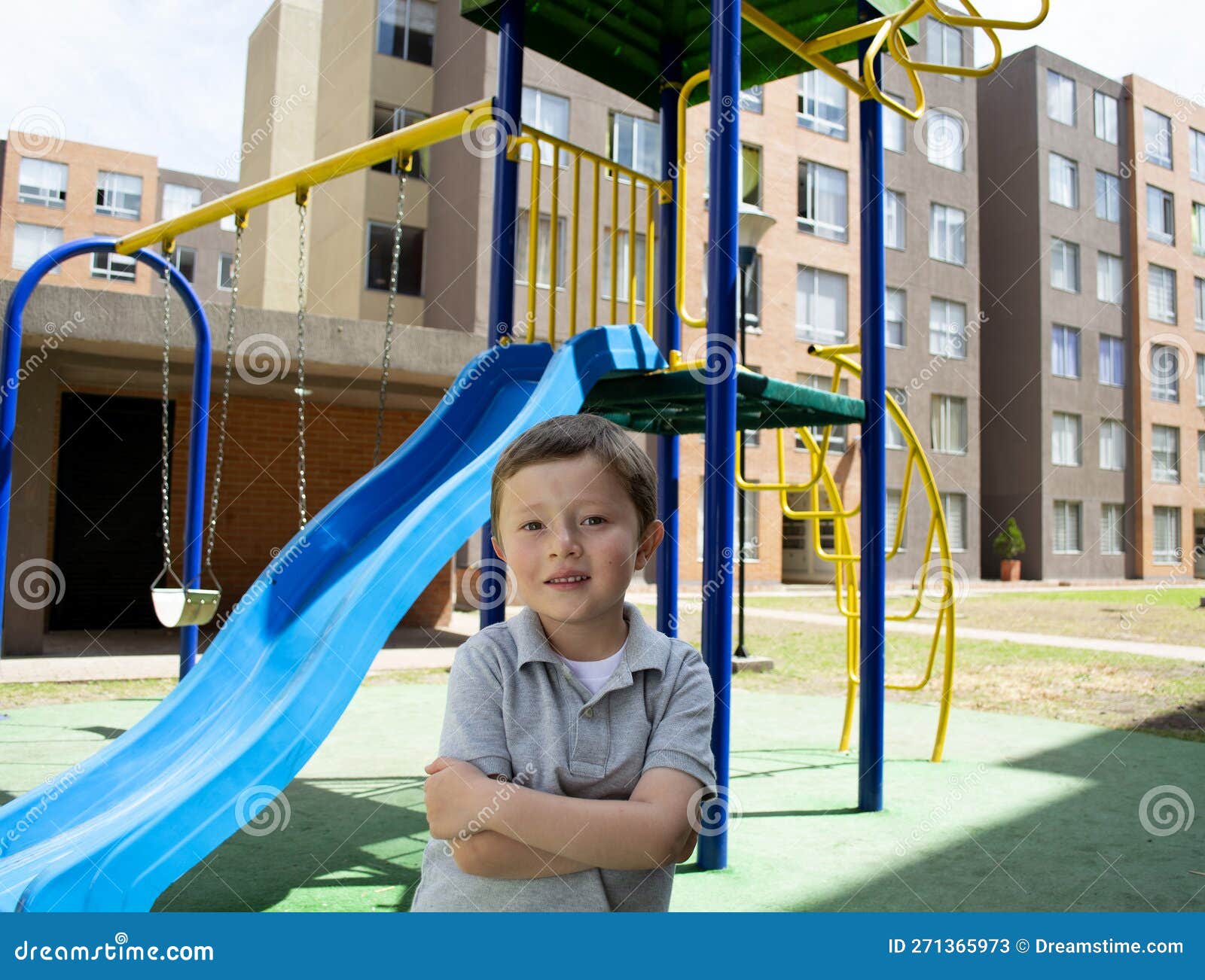 Child on Slide in an Outdoors Playground Stock Image - Image of house ...