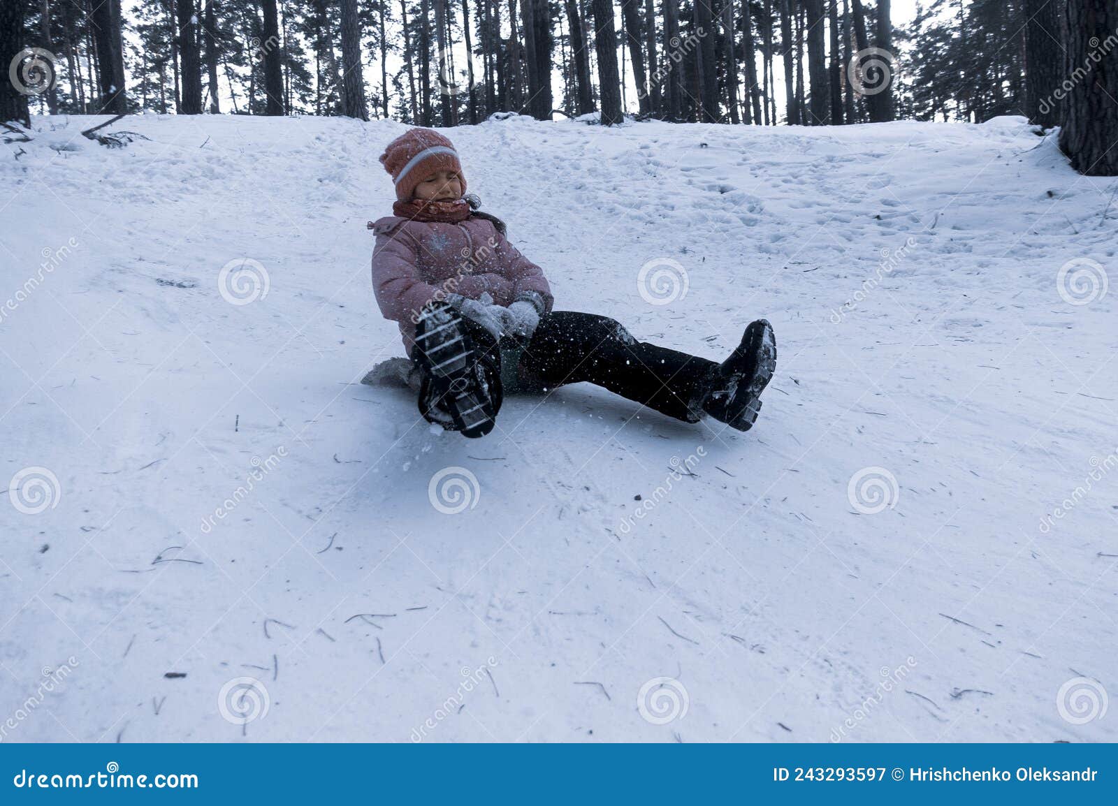 Child on a Snowy Hill Going Down Stock Image - Image of downhill ...