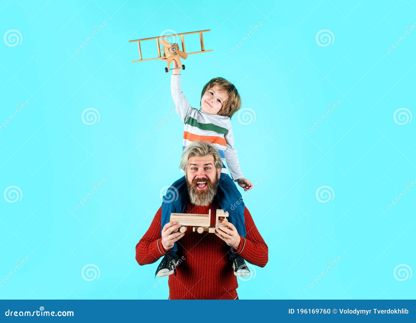 Child Son Pilot and Dad Father with Airplane. Stock Photo - Image of ...