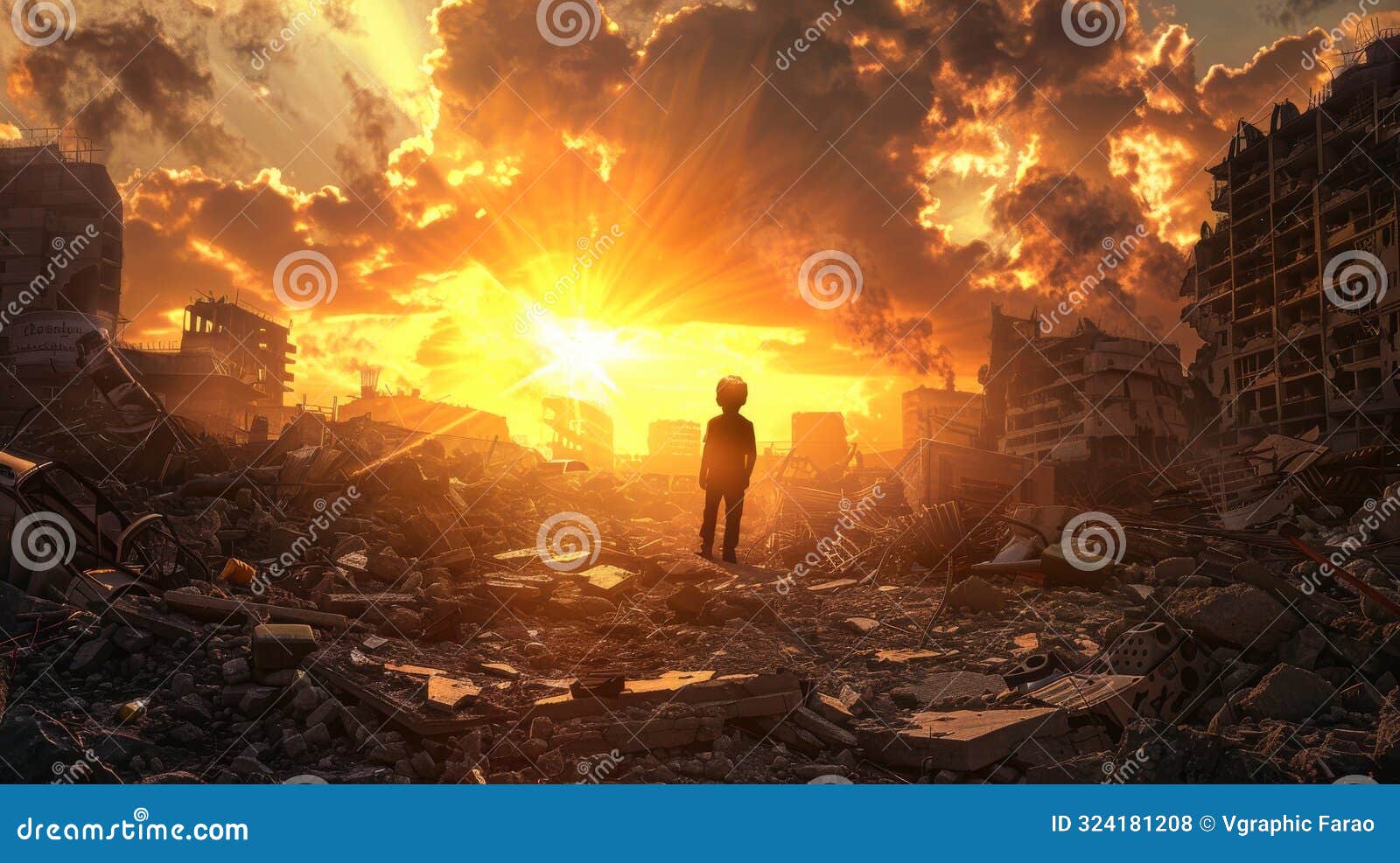 Child Standing in Rubble at Sunrise, Dramatic and Hopeful Concept Stock ...