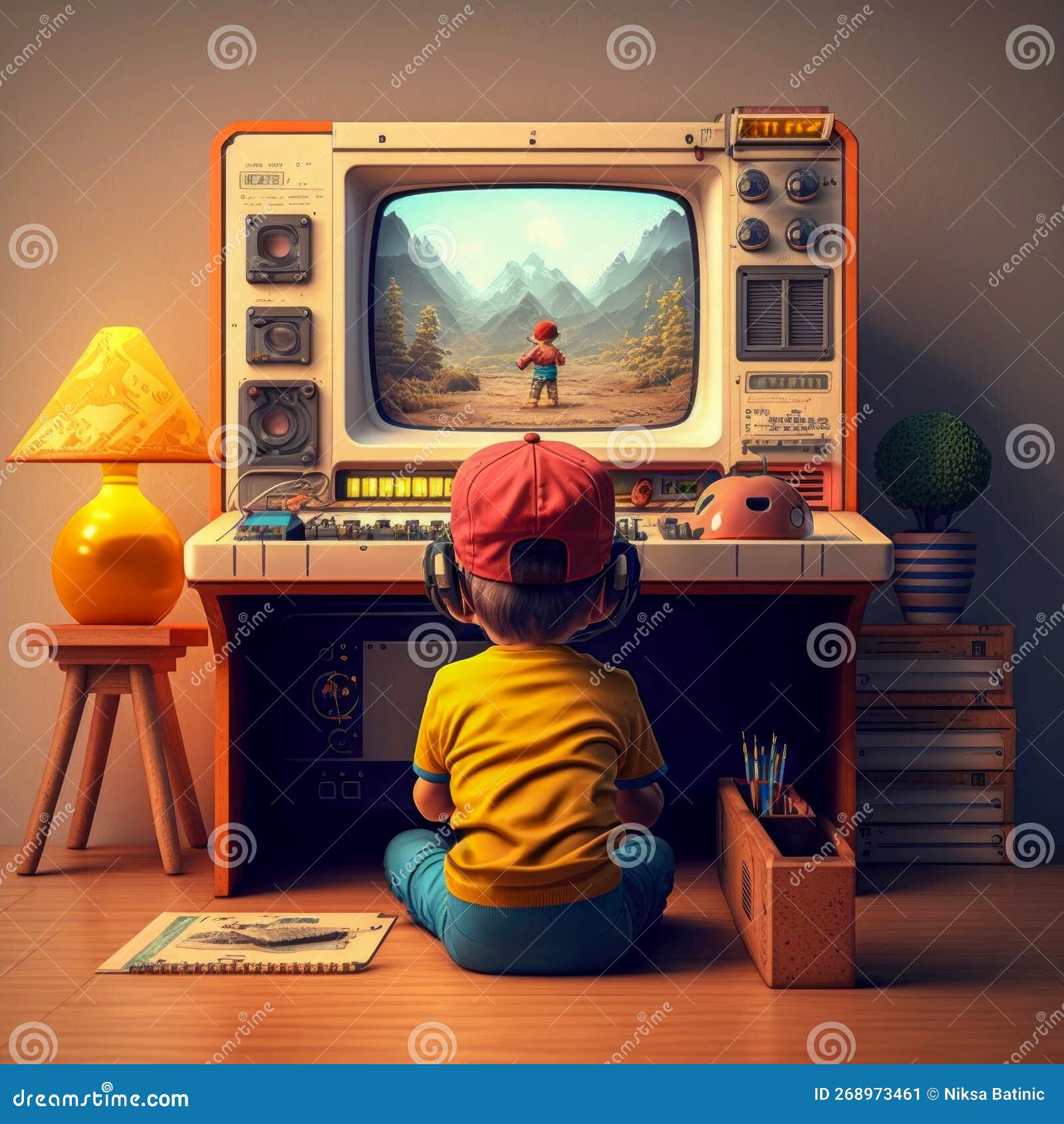 A Child Stands in Front of a Computer and Plays Games Stock ...