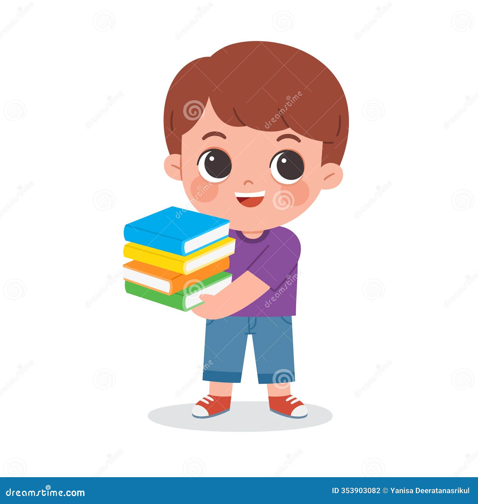 A Child Stands Upright, Smiling, while Holding a Stack of Books. Stock ...