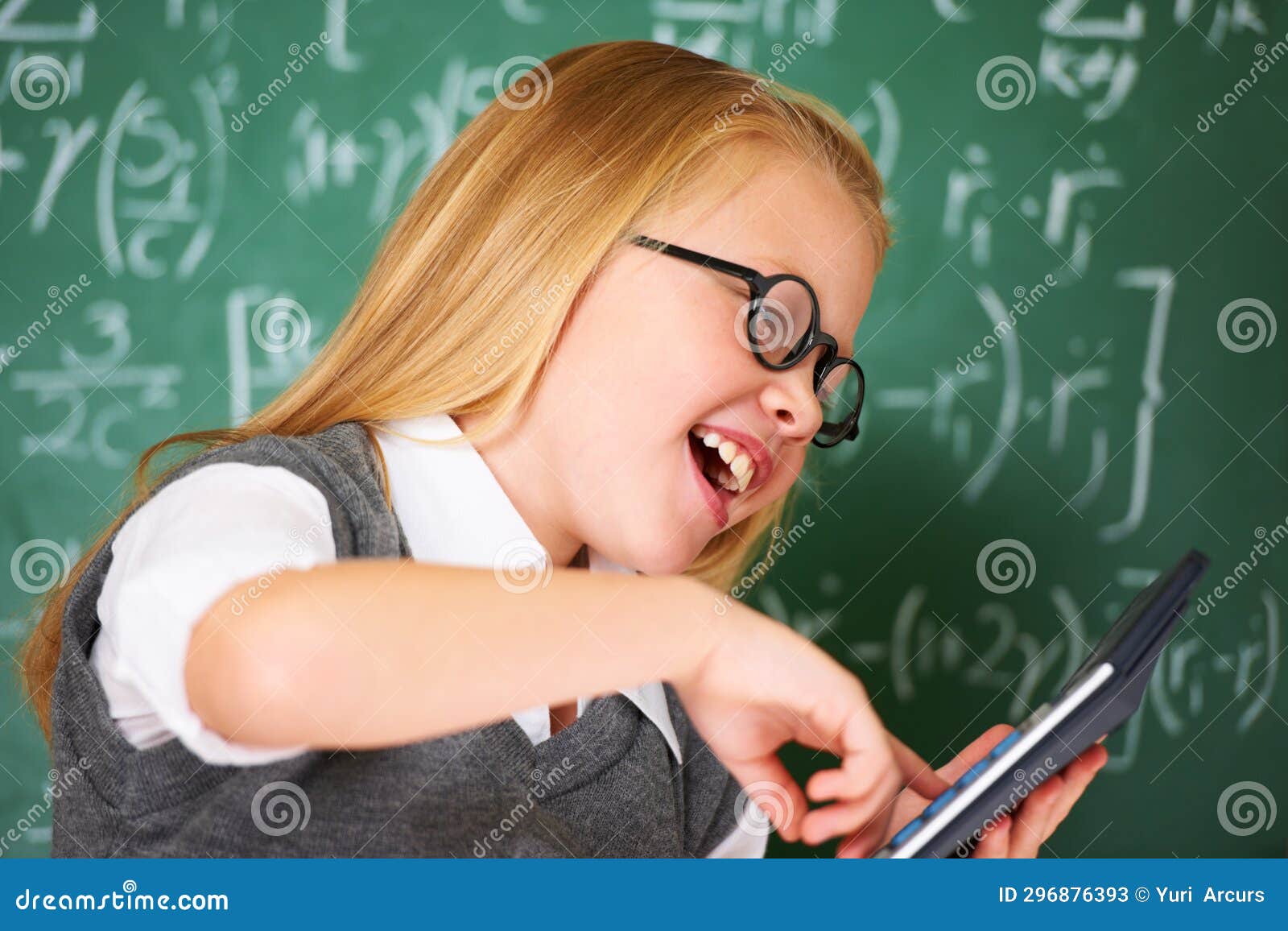 Child, Student and Calculator by Chalkboard for Happy Education ...