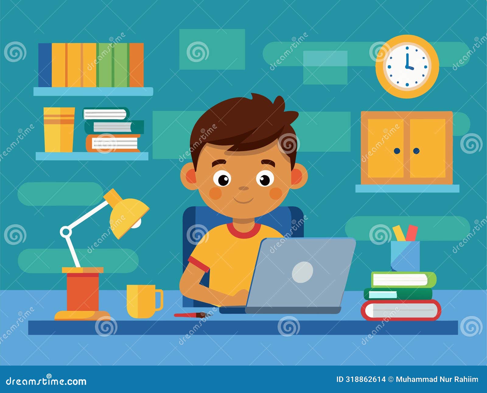 A Child Study in His Room with Notebook and Many Book Element Stock ...