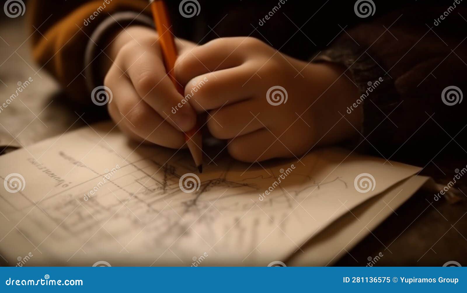 Child Studying Indoors, Holding Pencil, Drawing on Table with ...
