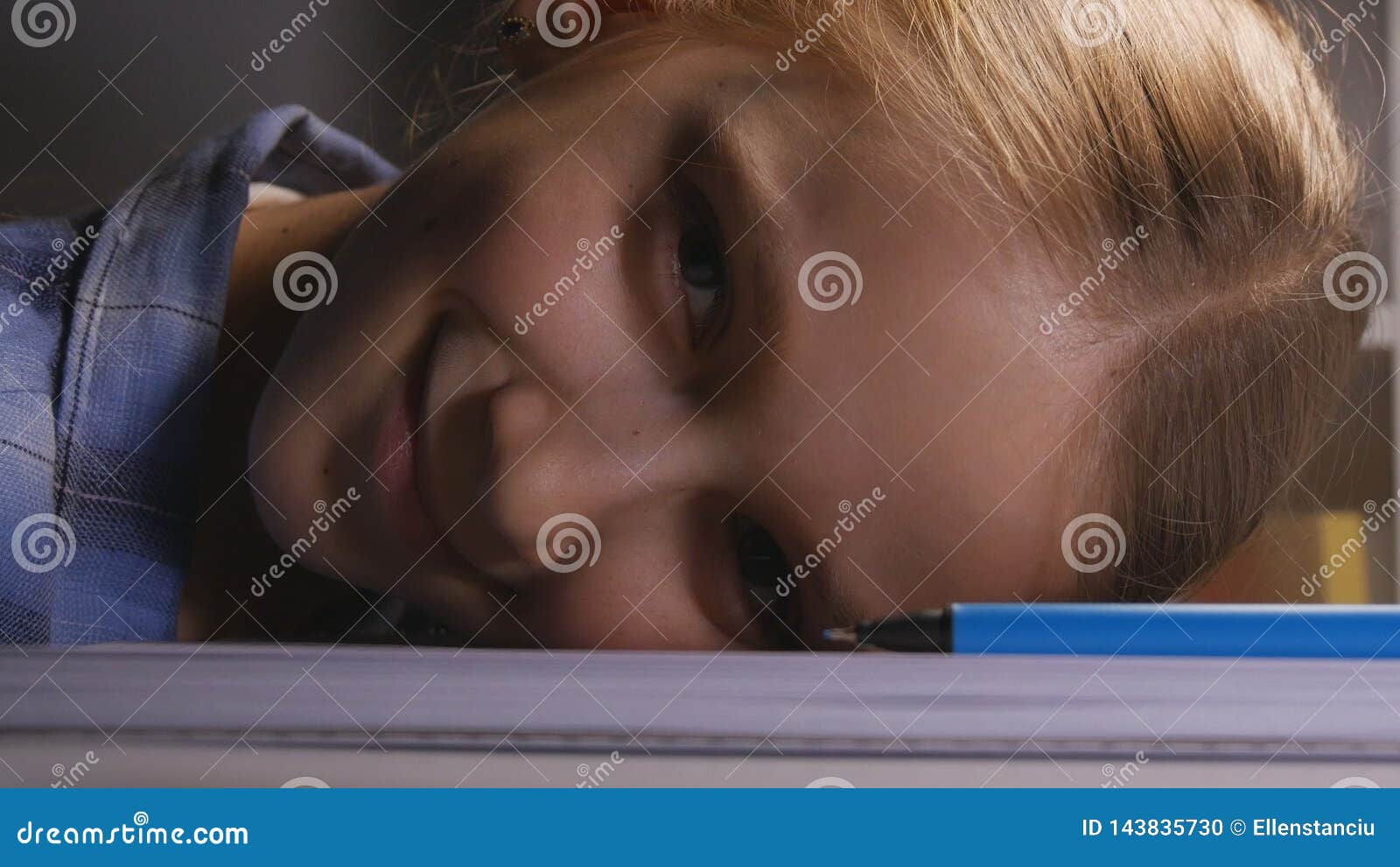 Child Studying in Night, Bored Kid Writing in Dark, Tired Student ...