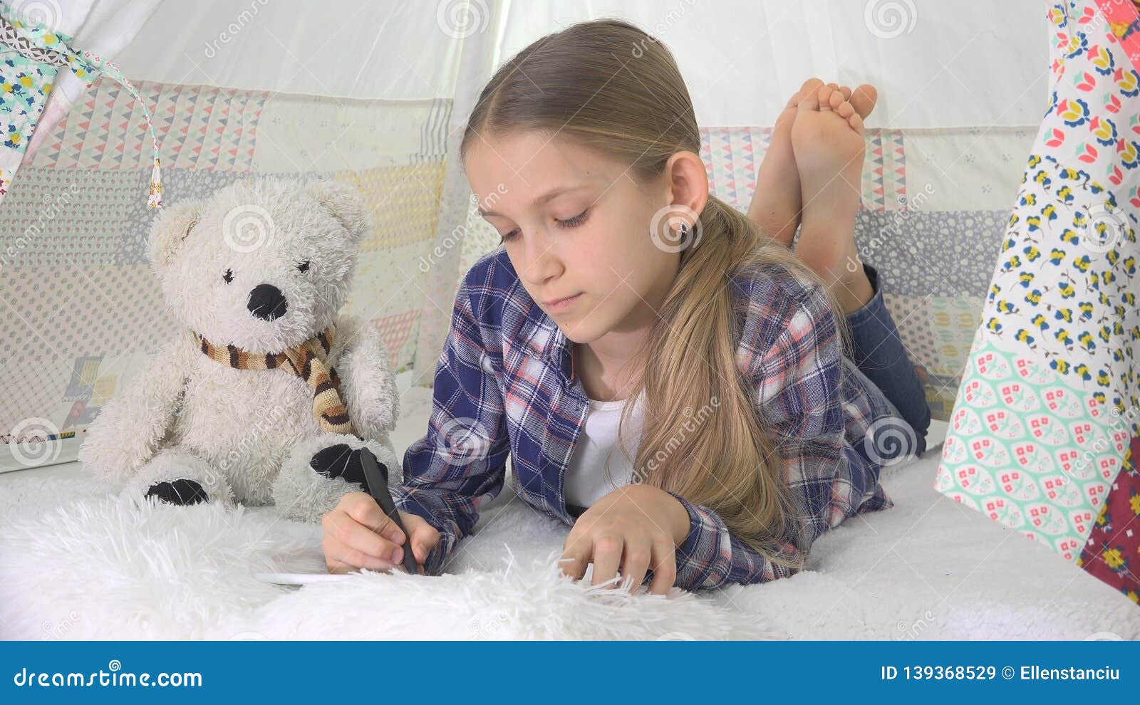 Child Studying, Student Kid Using Tablet, Writing School Homework, Girl ...