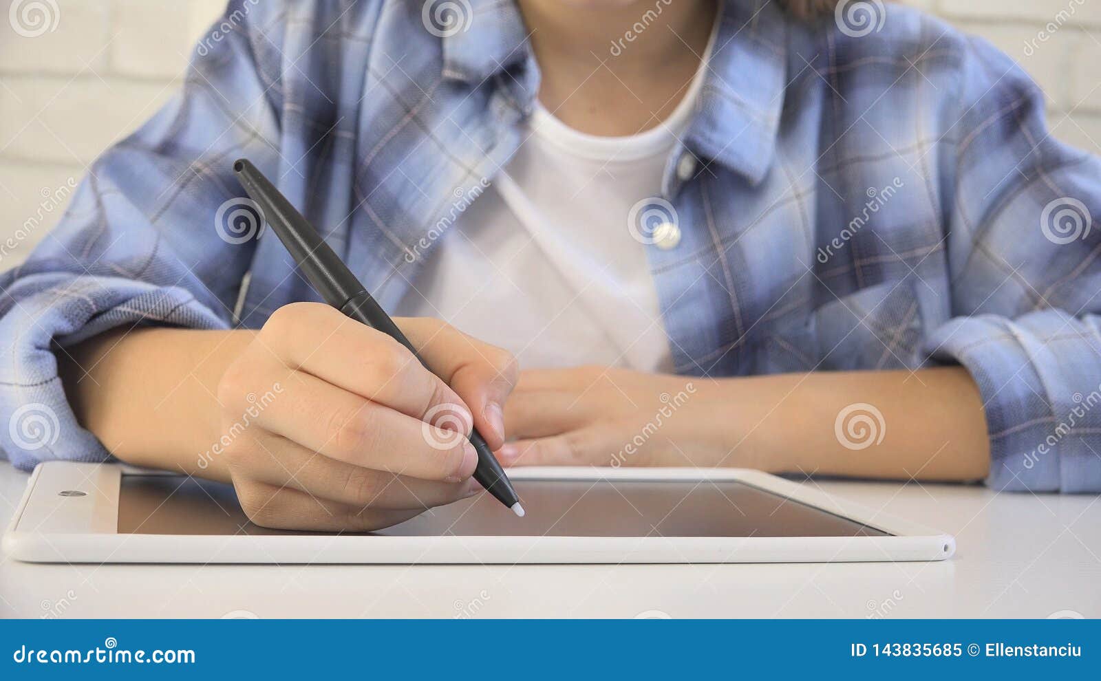 Child Studying on Tablet, Girl Writing in School Class, Learning Doing ...