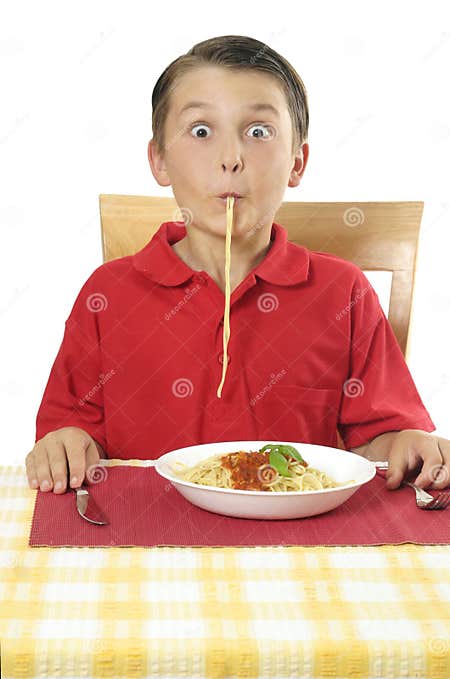 Child Sucking Long Pasta through Lips Stock Photo - Image of children ...