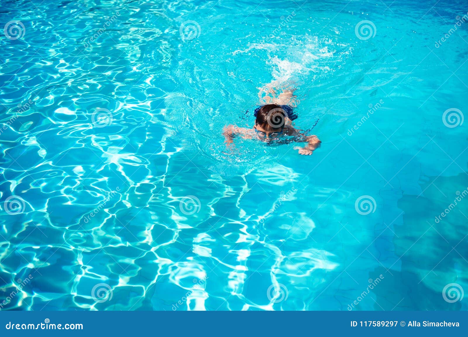 Child Boy Swim In Swimming Pool. Splash Water. Little Boy Playing In ...