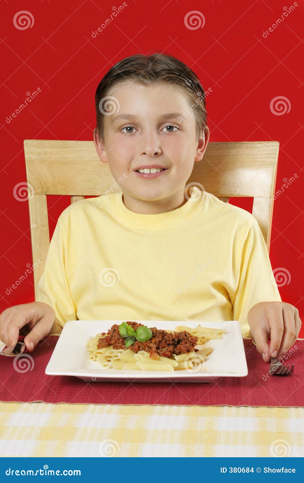 Child at Table with Plate of Food Stock Photo - Image of table, pasta ...