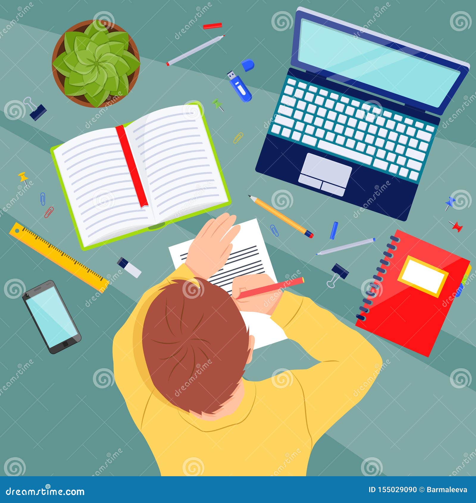 Child at the Table with School Supplies Doing Homework. Student with a ...
