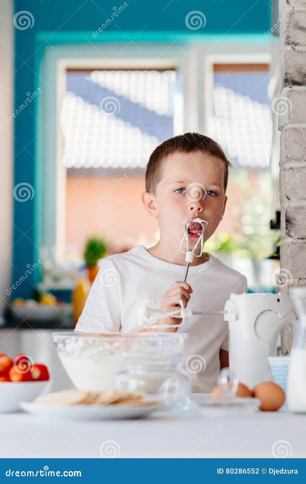 Child Tasting Pastry from Mixer Agitator Stock Photo - Image of bowl ...