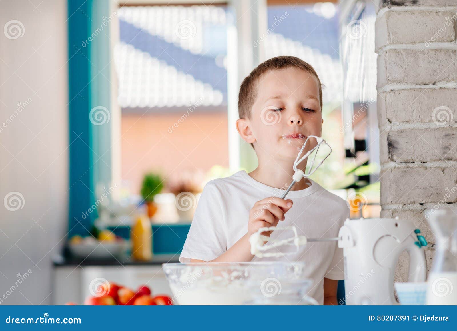 Child Tasting Pastry from Mixer Agitator Stock Image - Image of hand ...