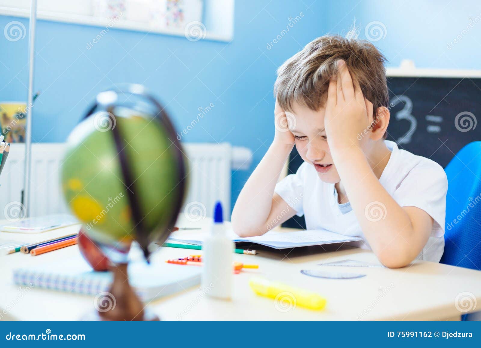 Child Thinking about Homework Solution. Stock Photo - Image of solution ...