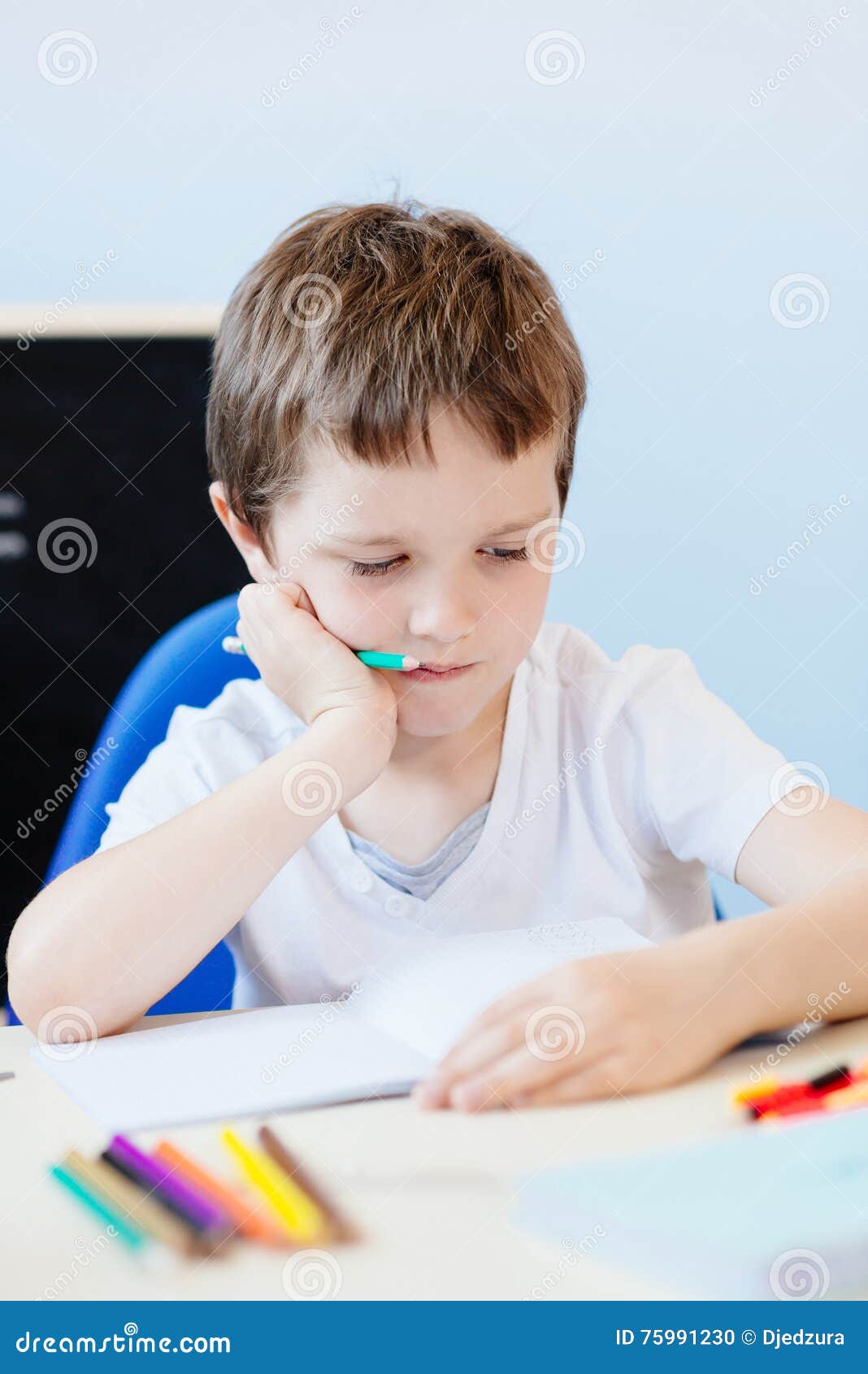 Child Thinking about Homework Solution Stock Photo - Image of problem ...