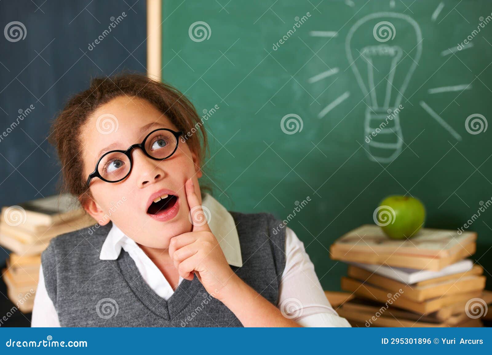 Child, Thinking and Light Bulb on Chalkboard for Education, Learning ...