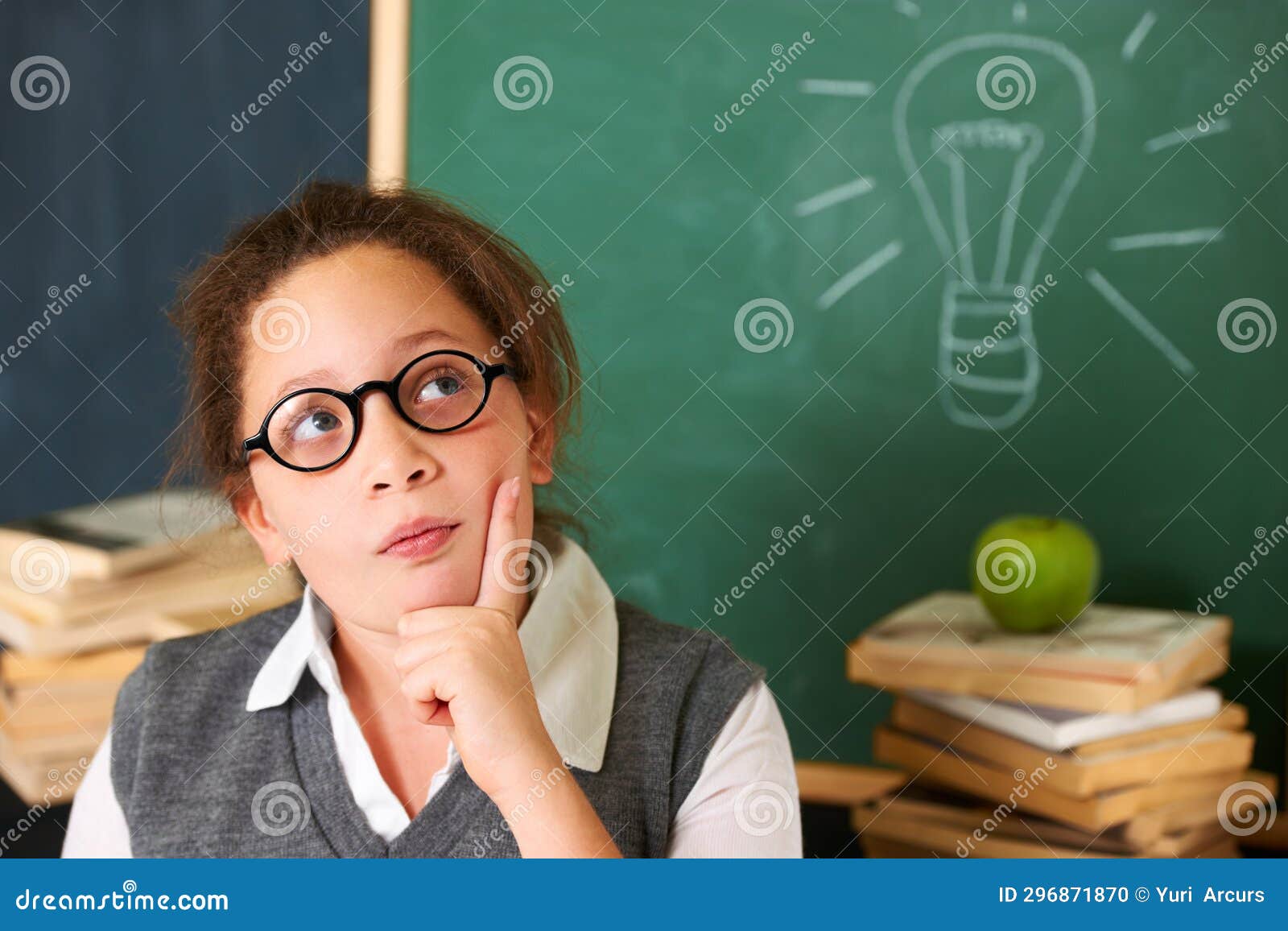 Child, Thinking and Lightbulb on Chalkboard for Education, Learning and ...