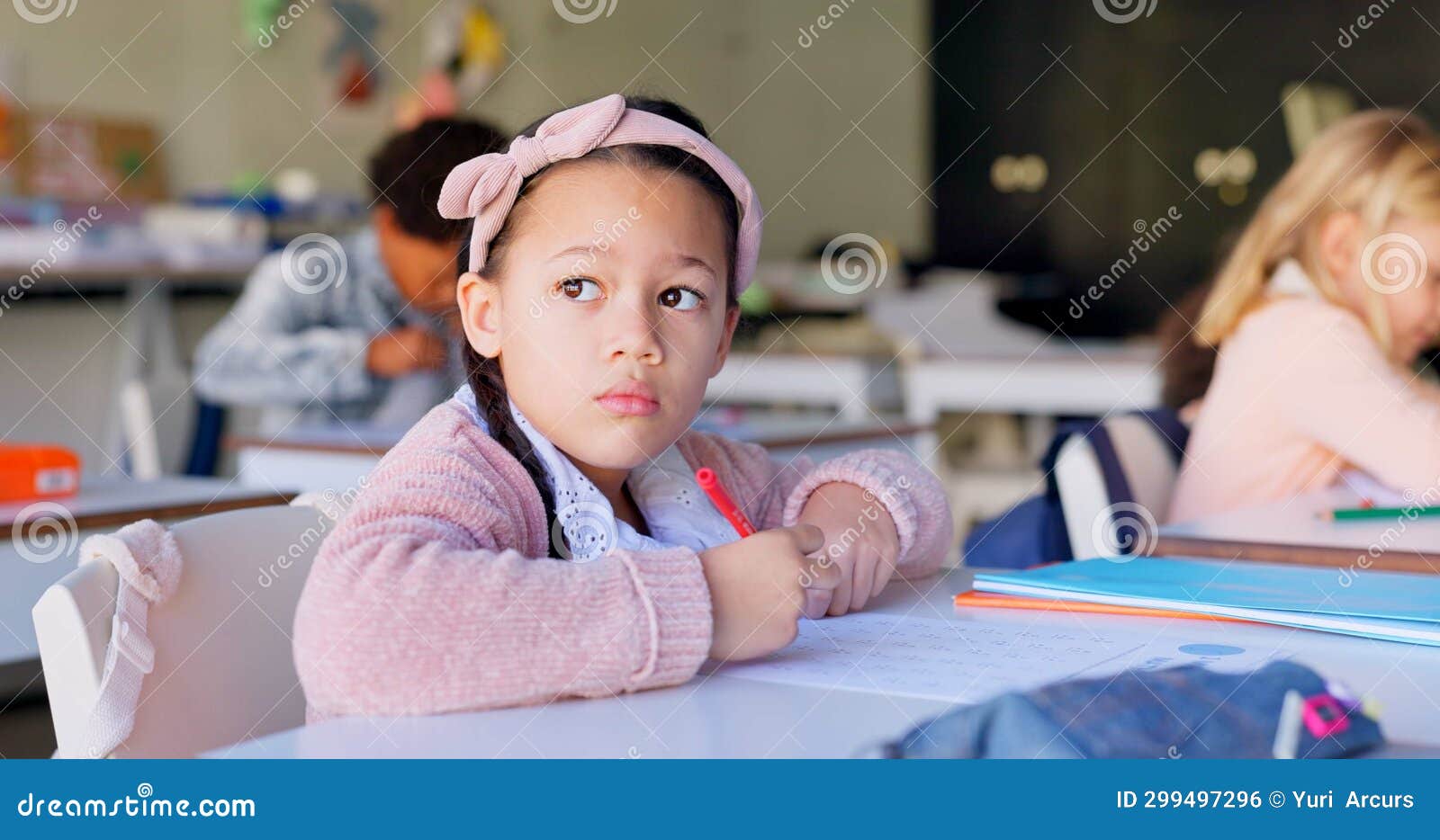 Child, Thinking and Pen with Paper by Desk, Education and Solving a ...