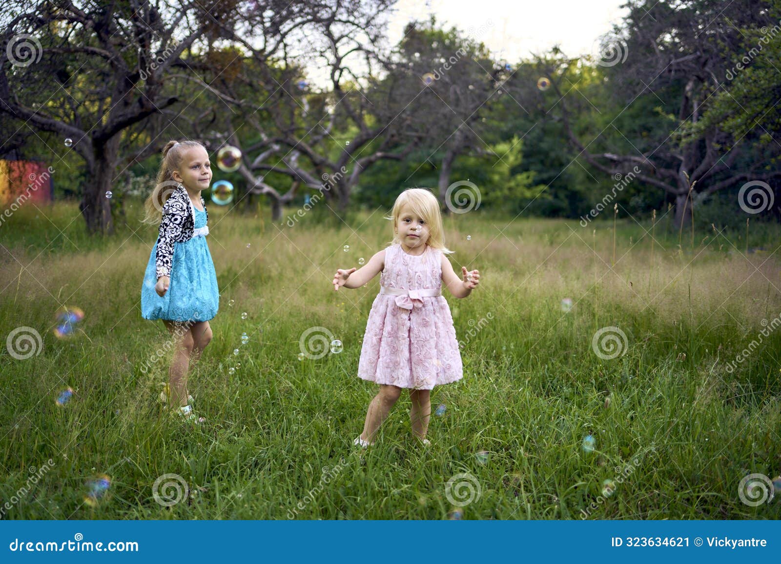 Child and Toddler, Sisters, Catching Bubbles in the Garden Stock Image ...