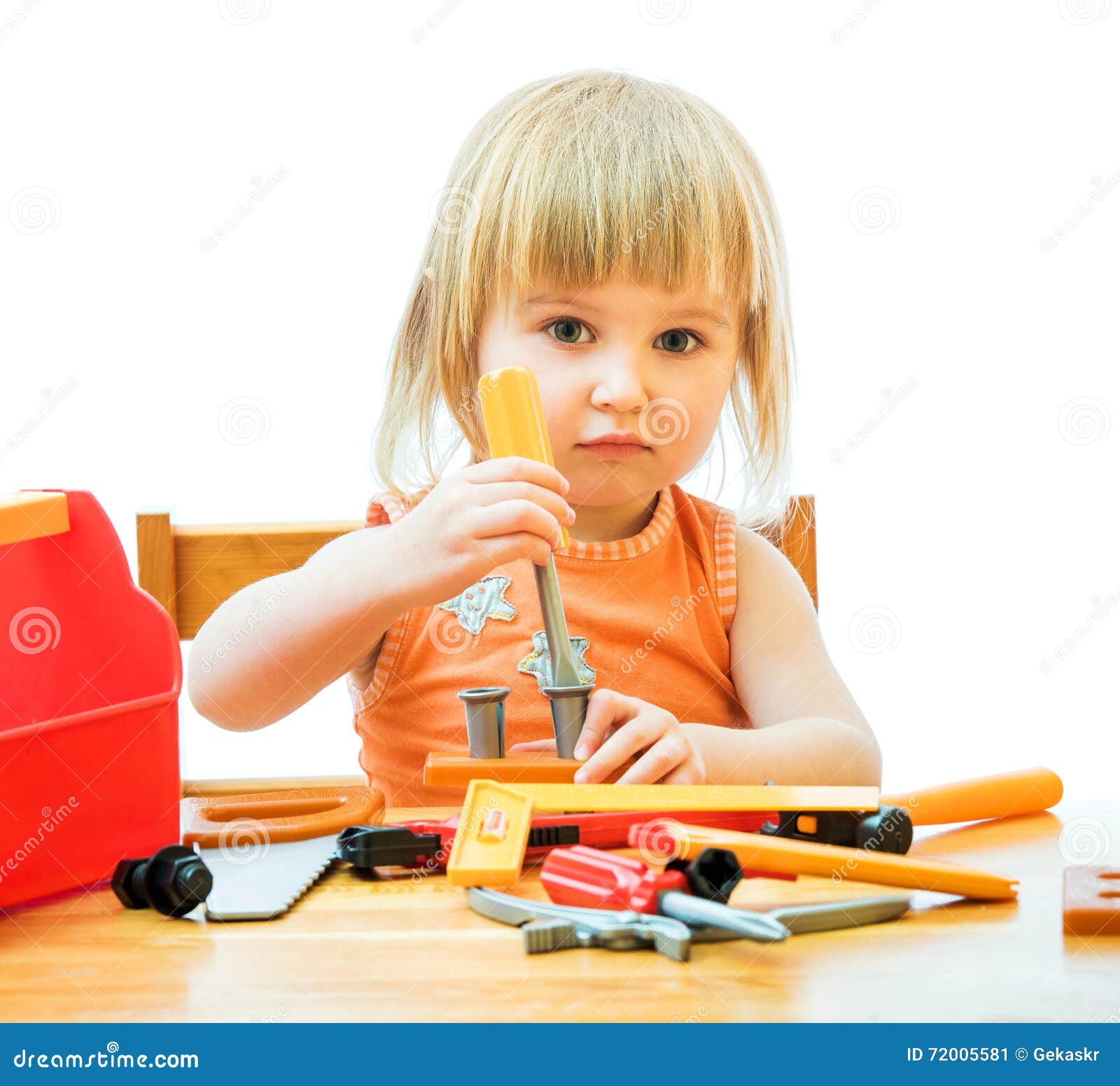 Child with toy tools stock image. Image of studio, blue - 72005581