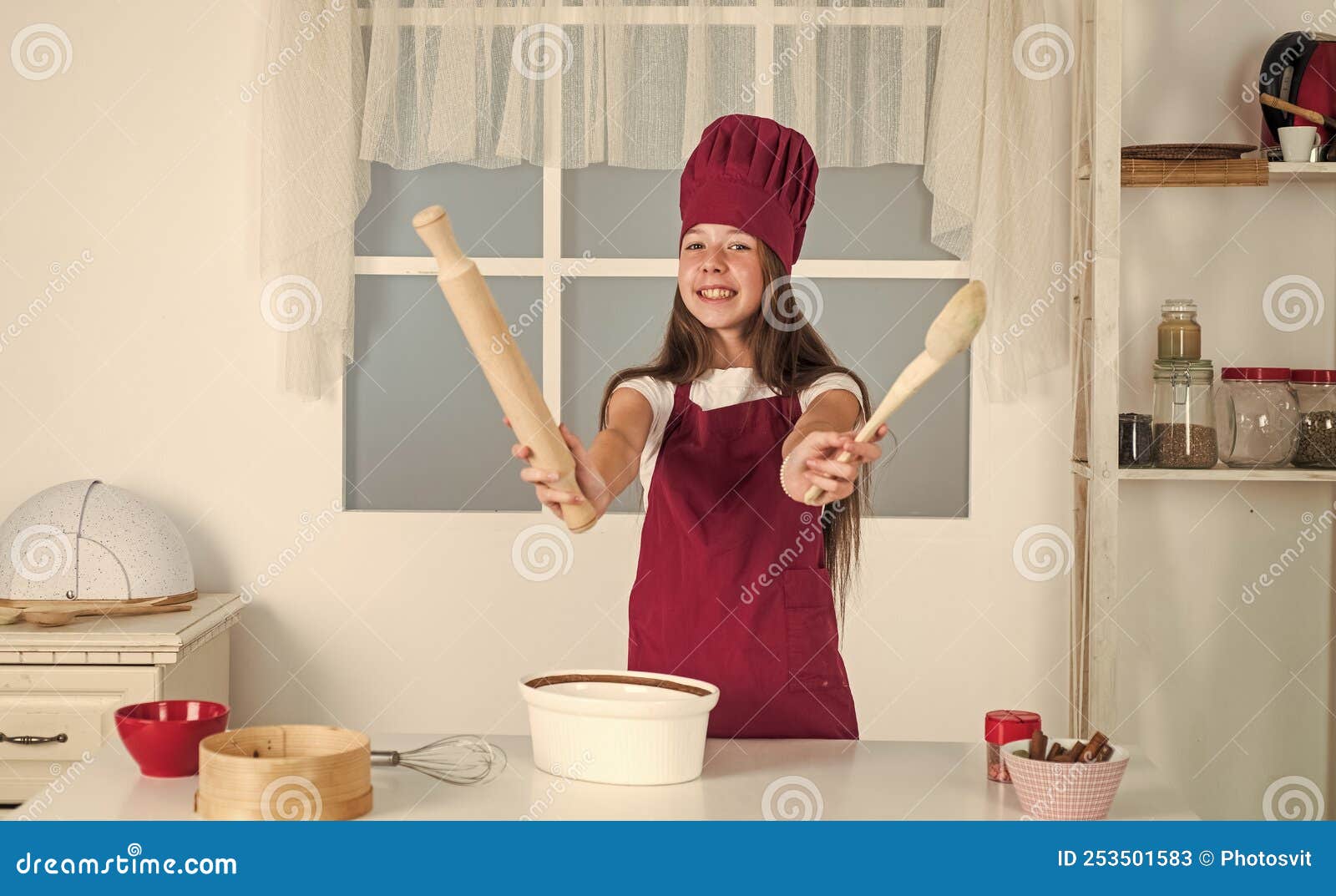 Child Use Wooden Spoon and Rolling Spoon, Cuisine Stock Image - Image ...