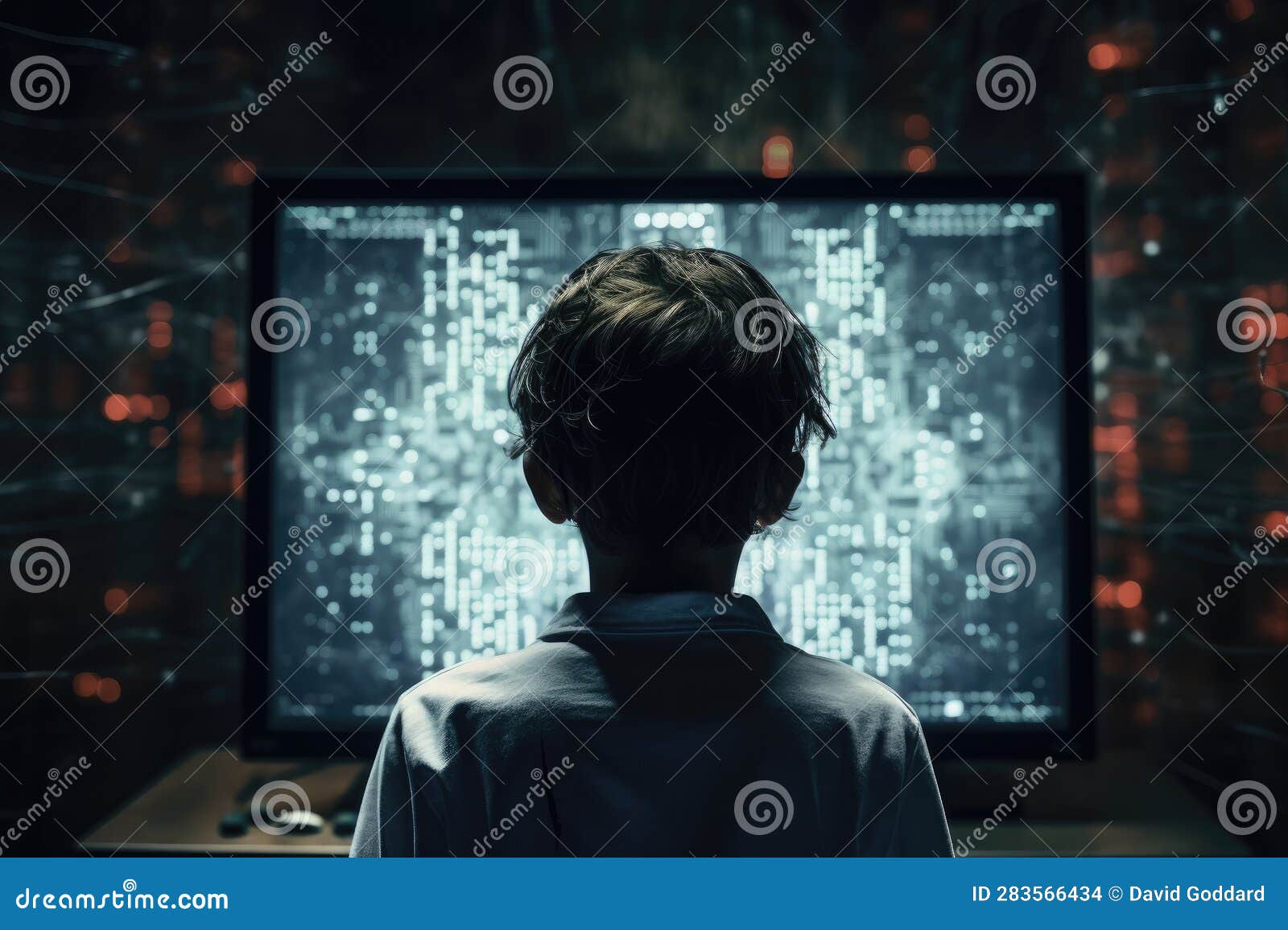 Child, Using AI on His Computer in Darkened Room Stock Illustration ...