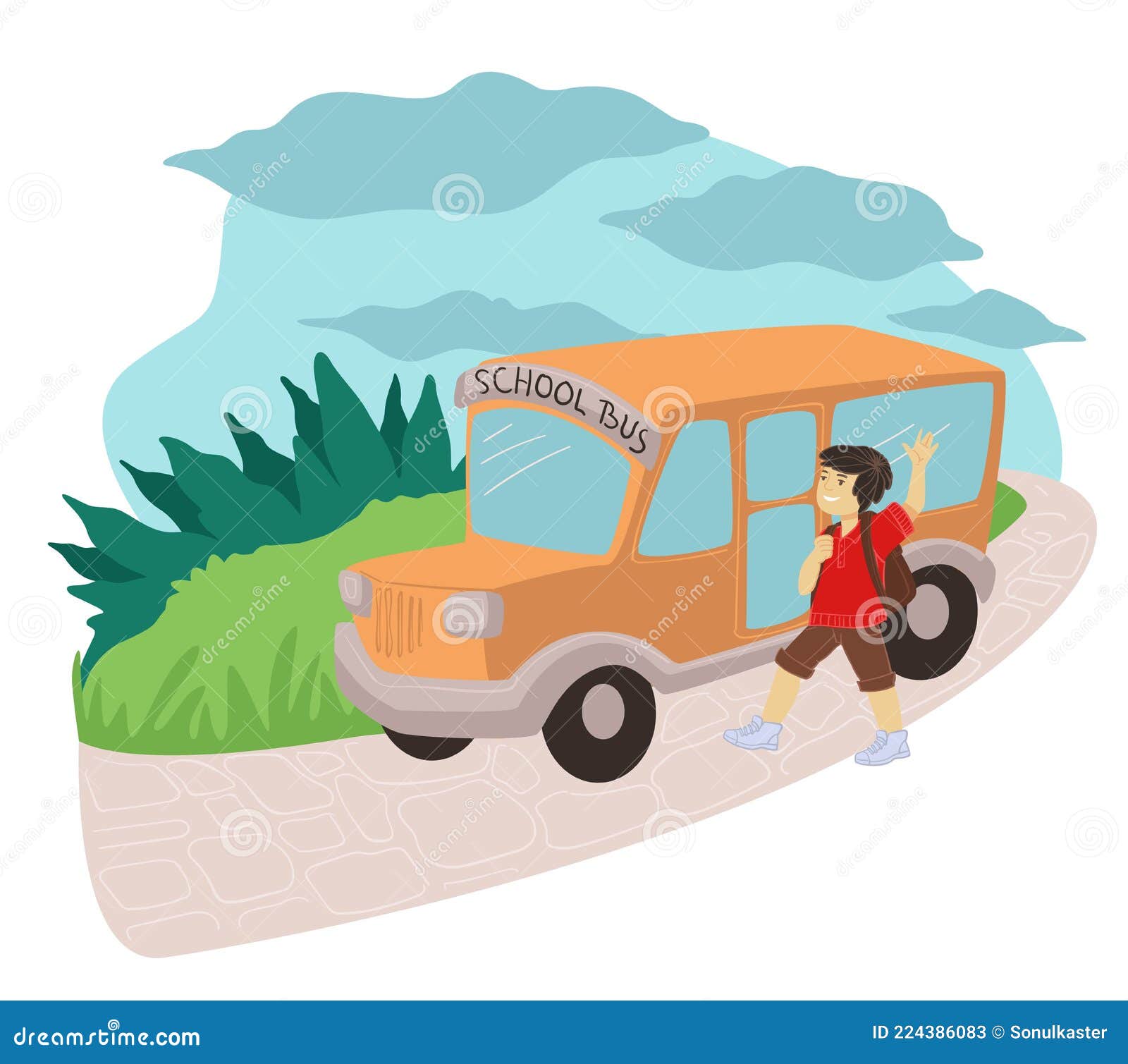 Kid Catching Public Transport Bus To Get To School Stock Vector ...