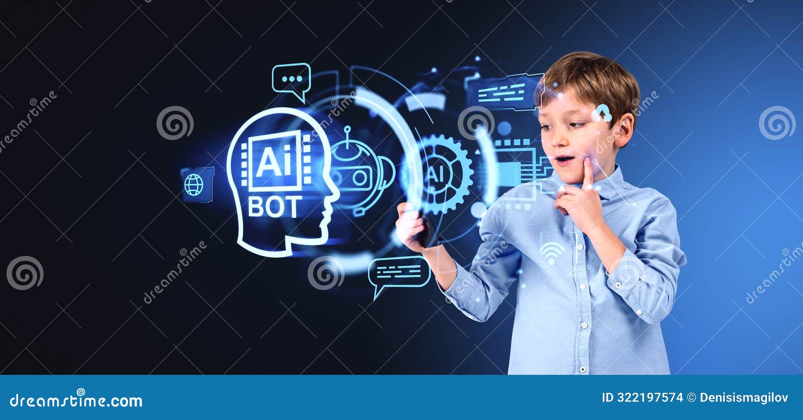 Child Using Smartphone, Ai Chat Bot Hologram and Processing Icons Stock ...