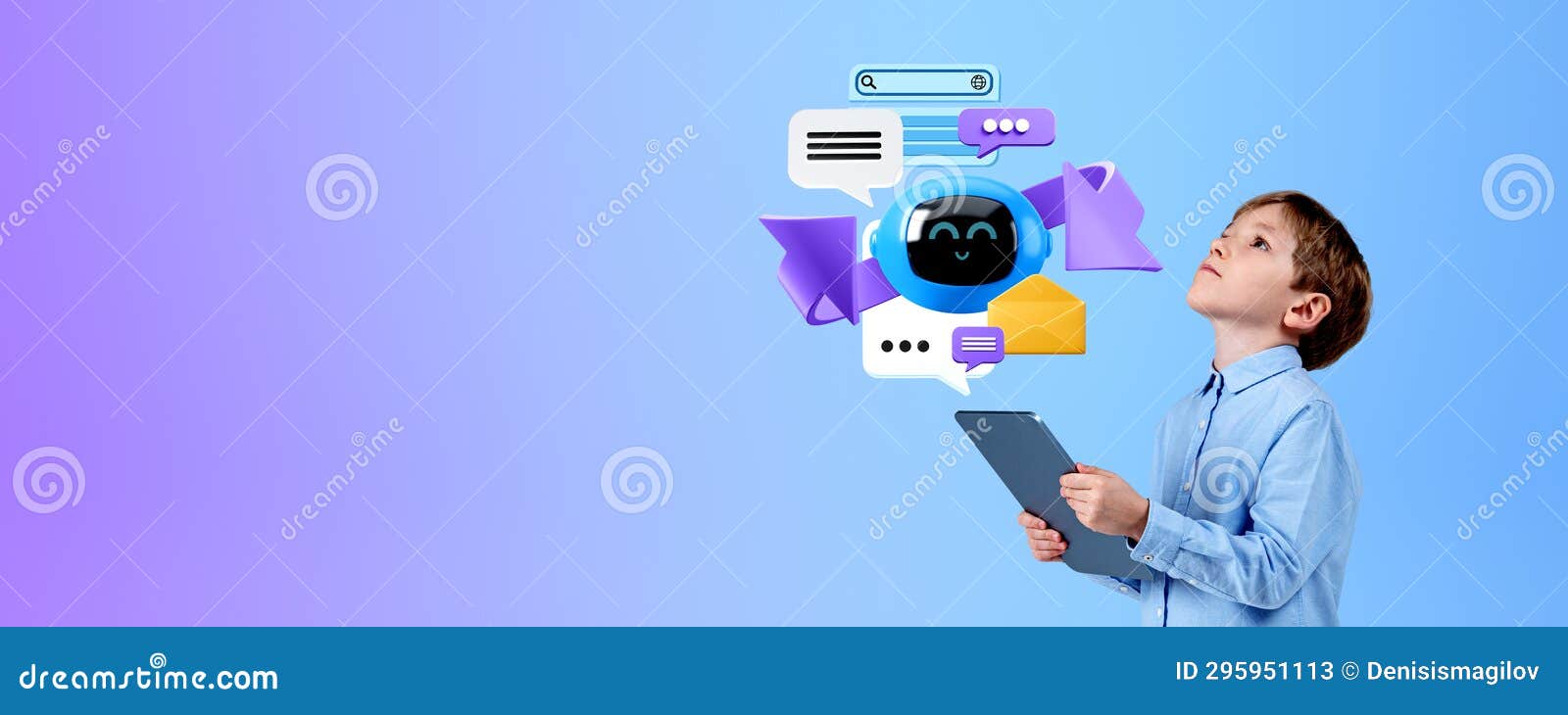 Child Using Tablet with Chat Bot, Looking at Virtual Assistant a Stock ...