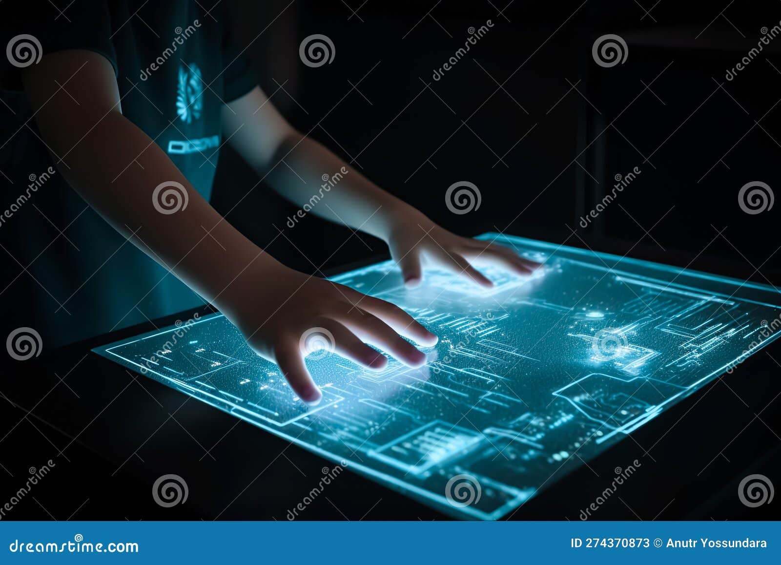 A Child is Using Touch Screen Hologram Display To Make Creative ...
