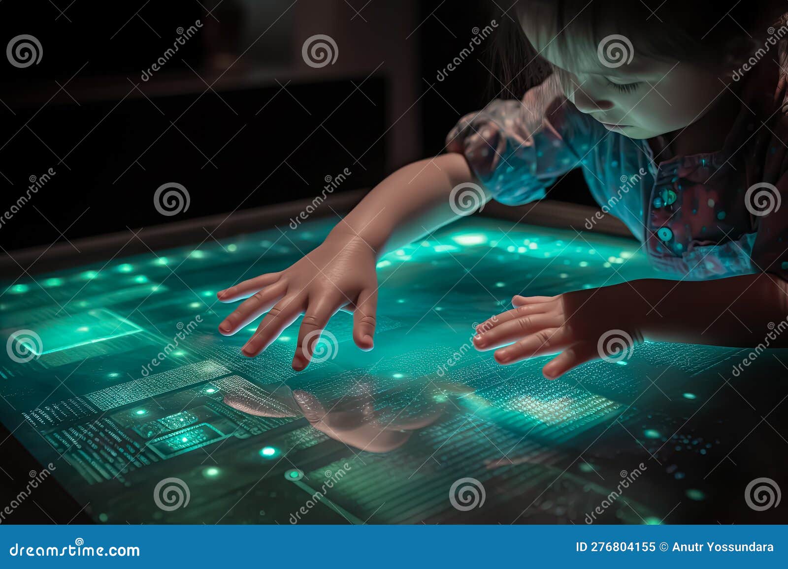 A Child Is Using Touch Screen Hologram Display To Make Creative ...