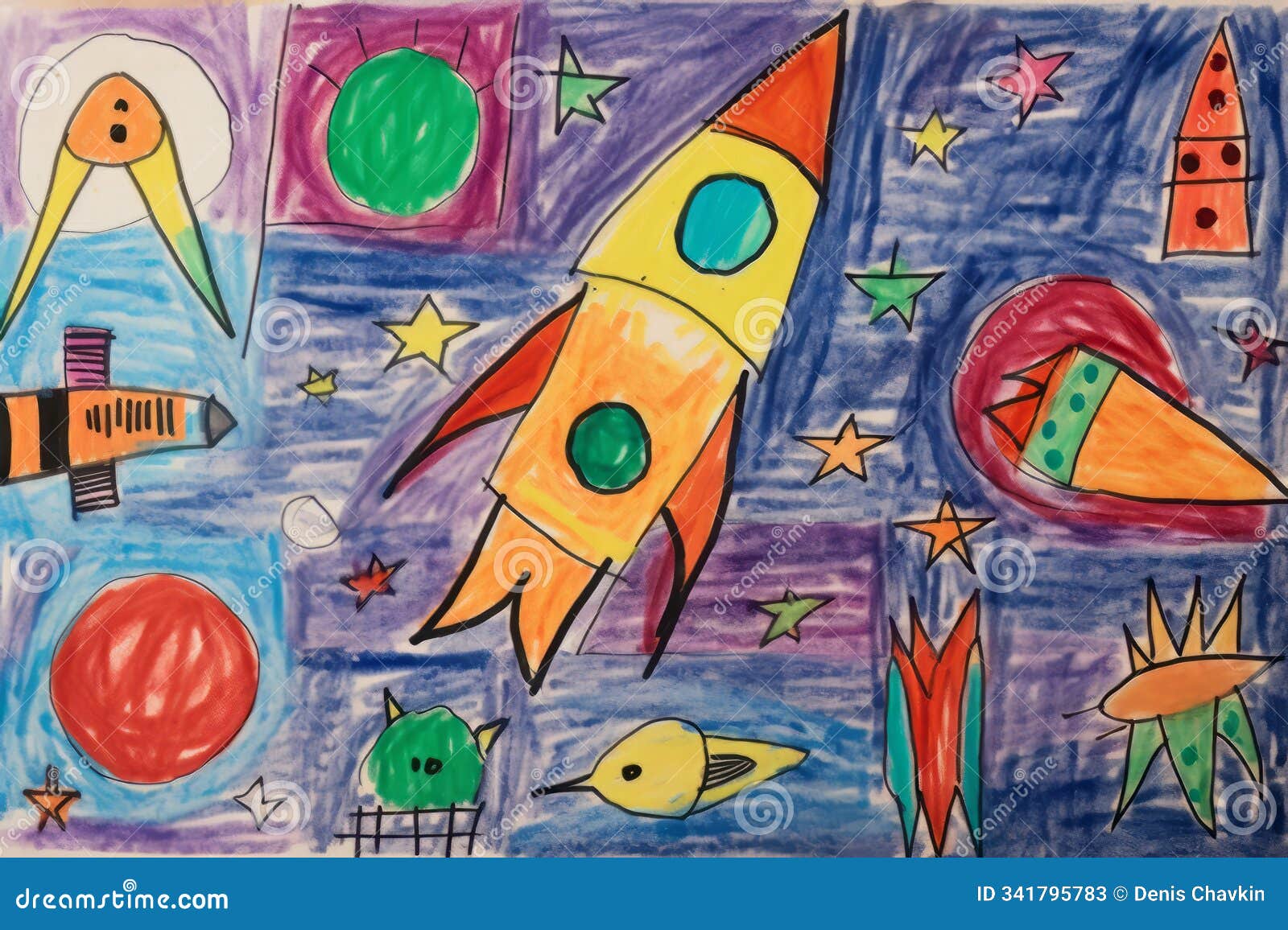 Child Very Naive Cartoon Drawing of Space Shuttle or Rocket. Stock ...