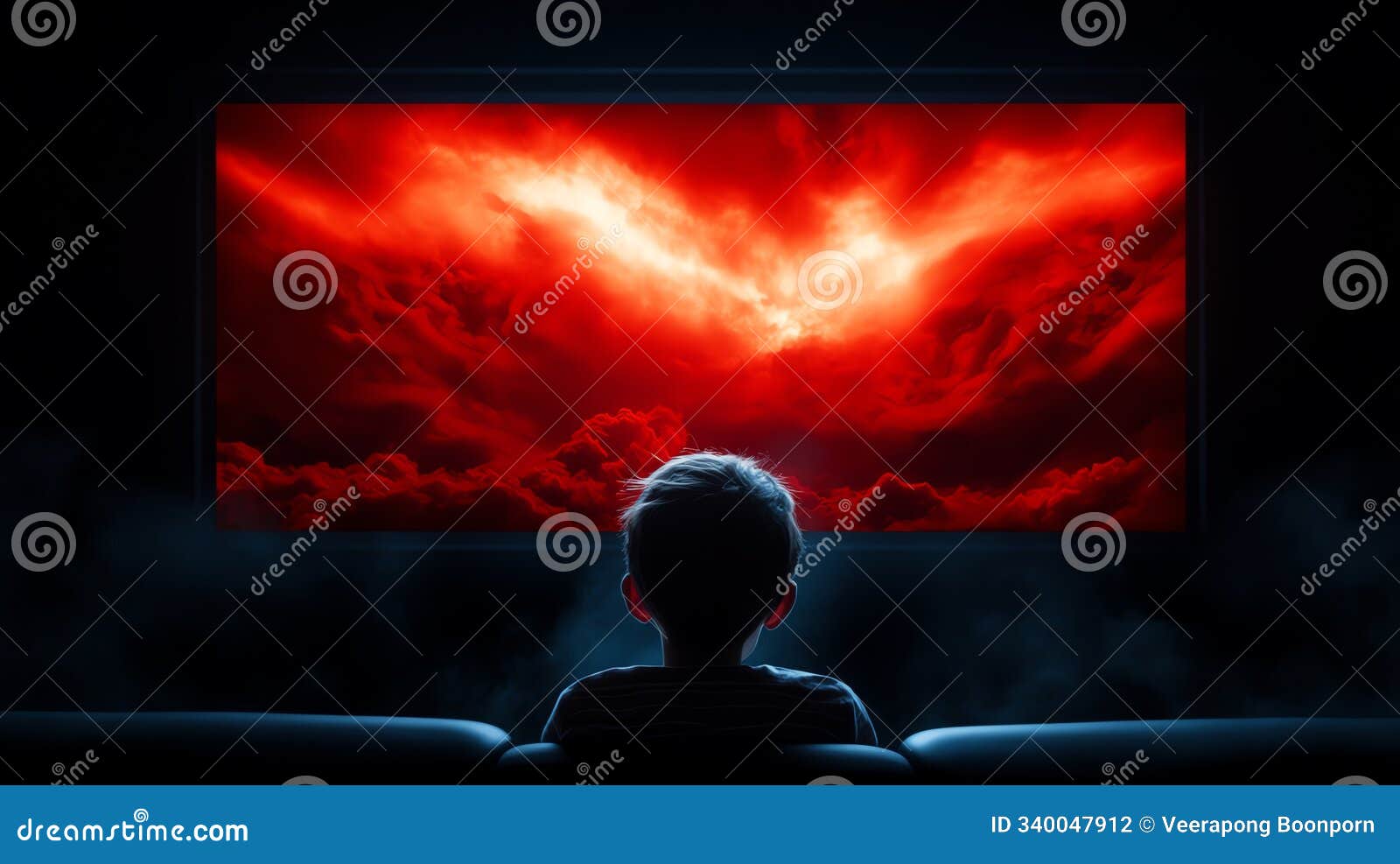 Child Viewing a Dramatic Red Scene on a Large Screen, Dark Room ...