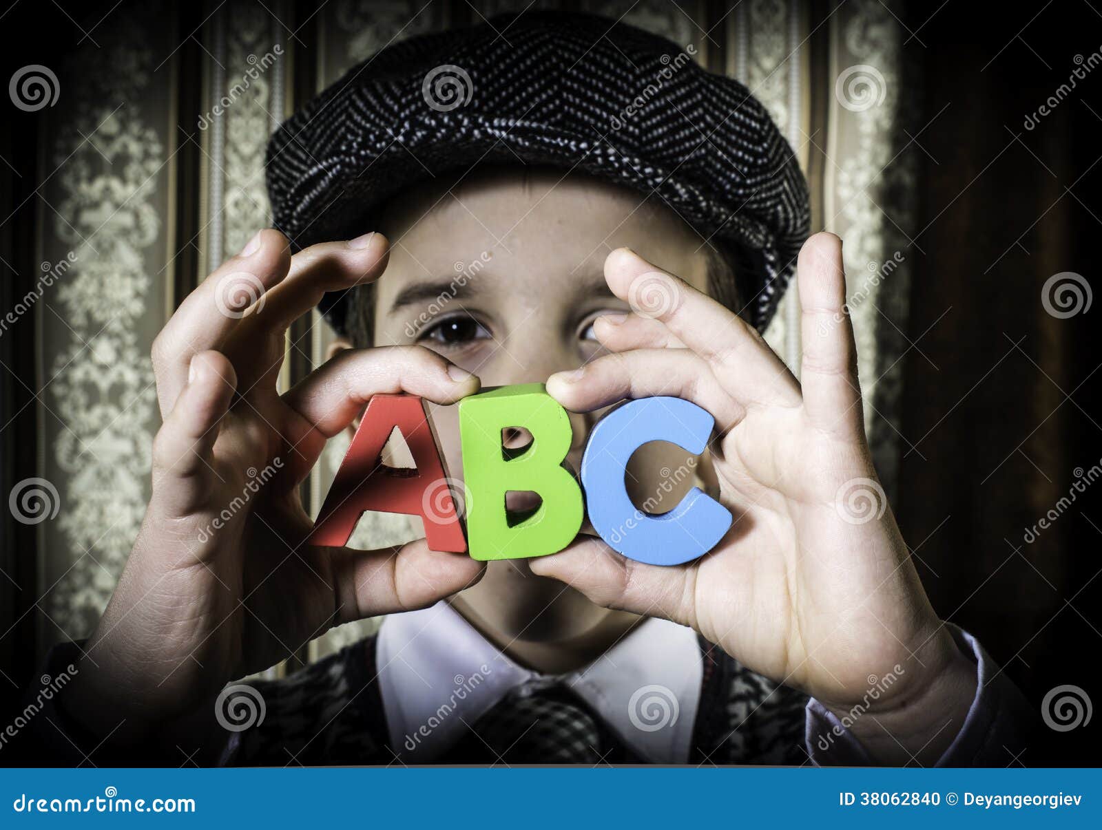 Child in Vintage Clothes Hold Letters a B C Stock Photo - Image of ...