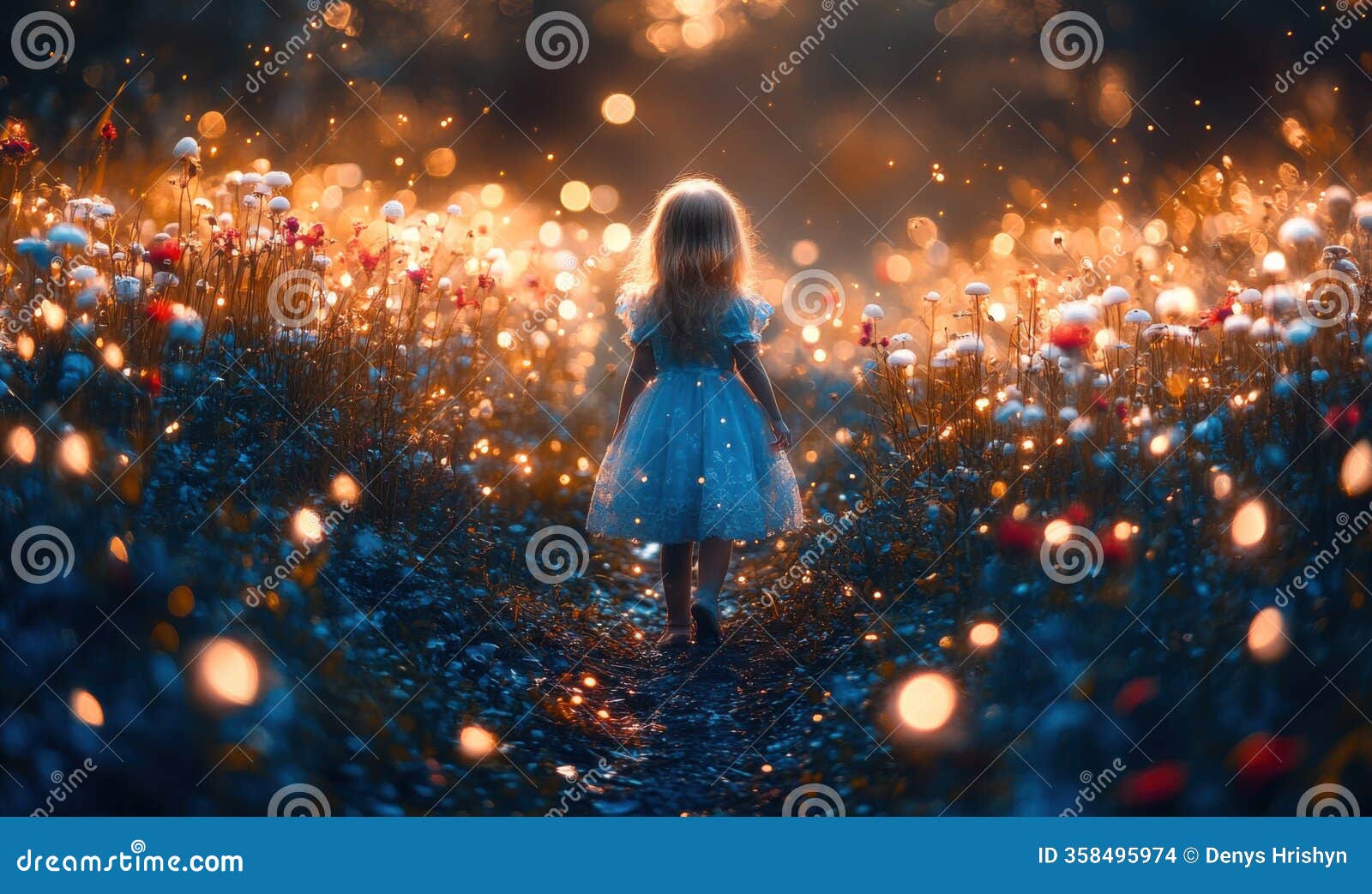 Child Walks through a Magical Flower Field at Twilight Stock Photo ...