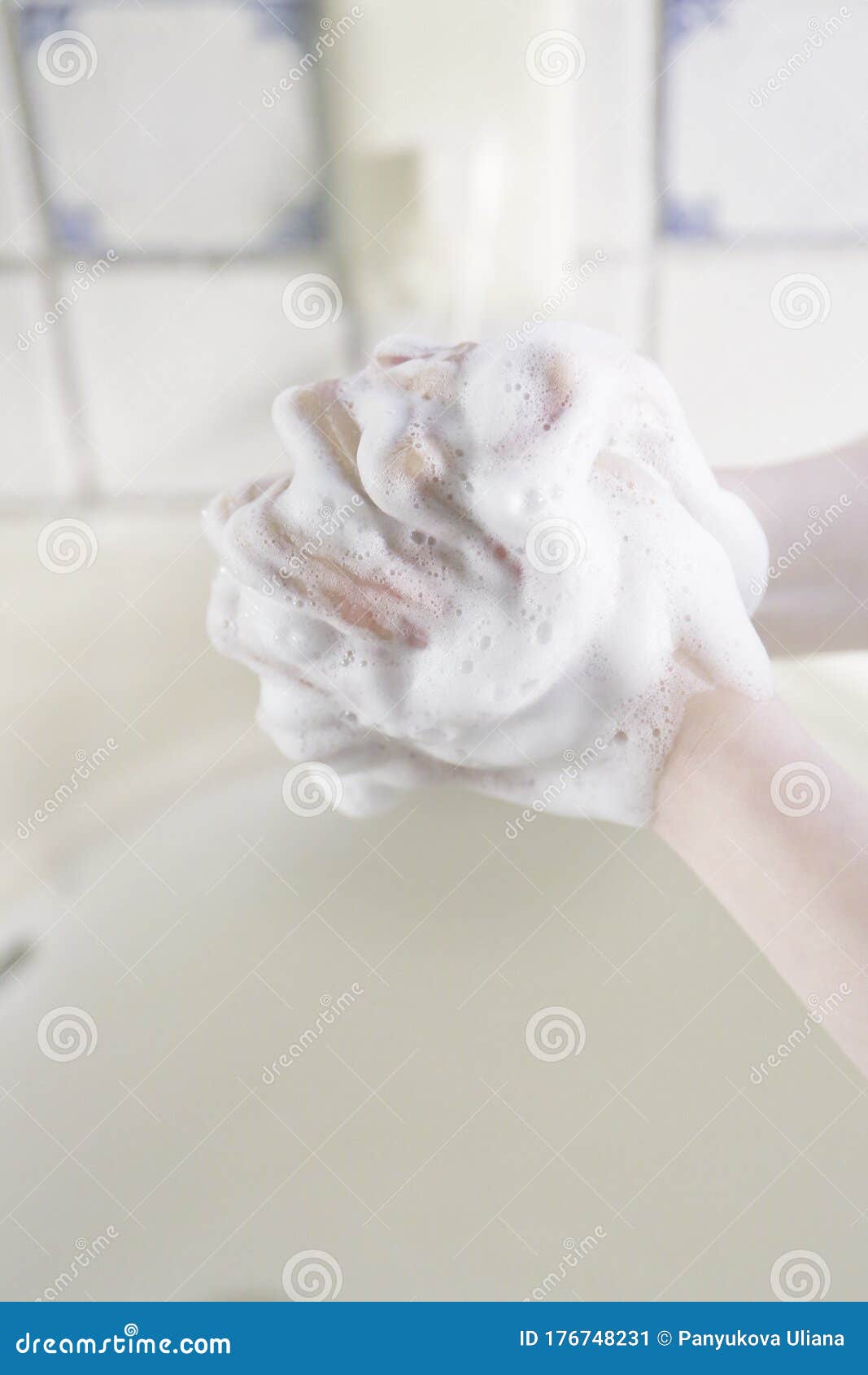 Child Washing Hands with Bubble Soup. Protecting from Bacteria and ...