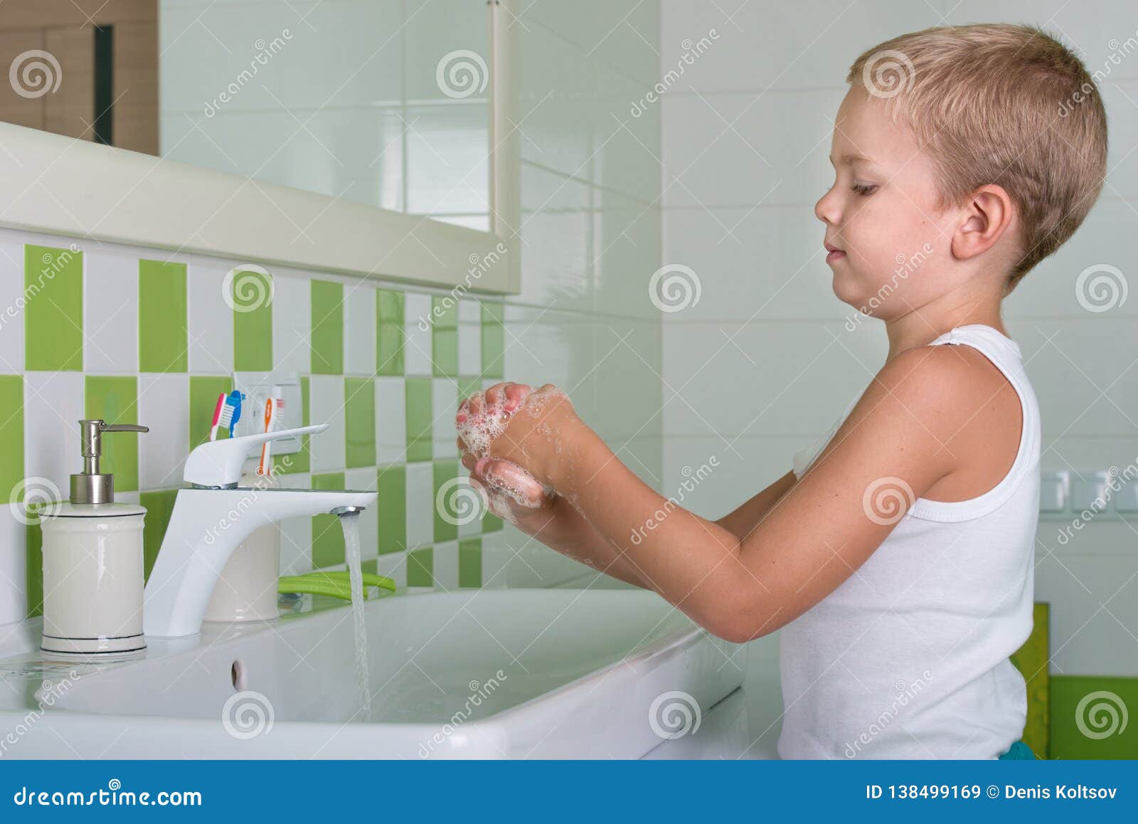 Child Washing Hands with Soap in the Bathroom. Stock Image - Image of ...