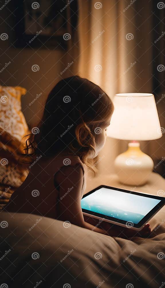 Child Watching Tablet Computer in Bed Online Learning Education ...