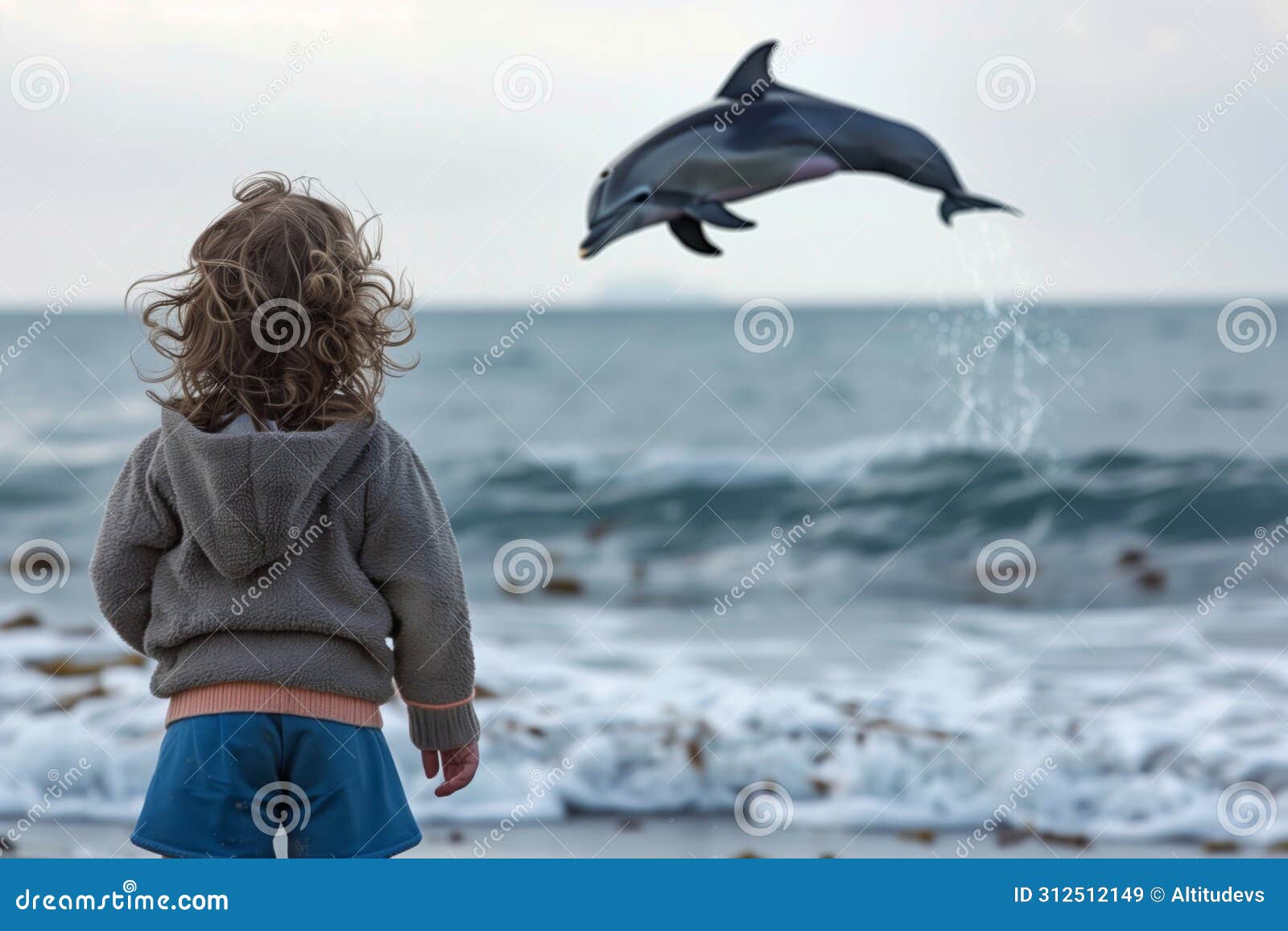Child Watching a Dolphin Arc Over Sea from the Shore Stock Illustration ...