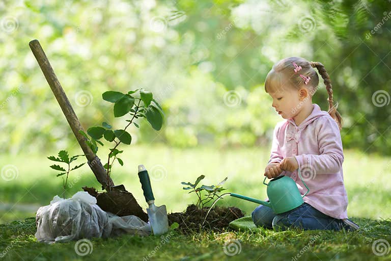 Child Watering Just Planted Tree. Children Will Save the Earth Stock ...