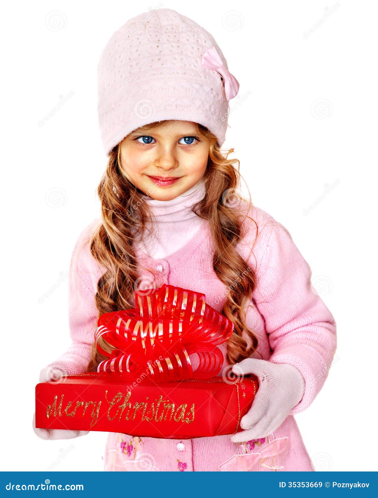 Child Wearing in Hat and Mittens Holding Red Gift Box. Stock Image ...