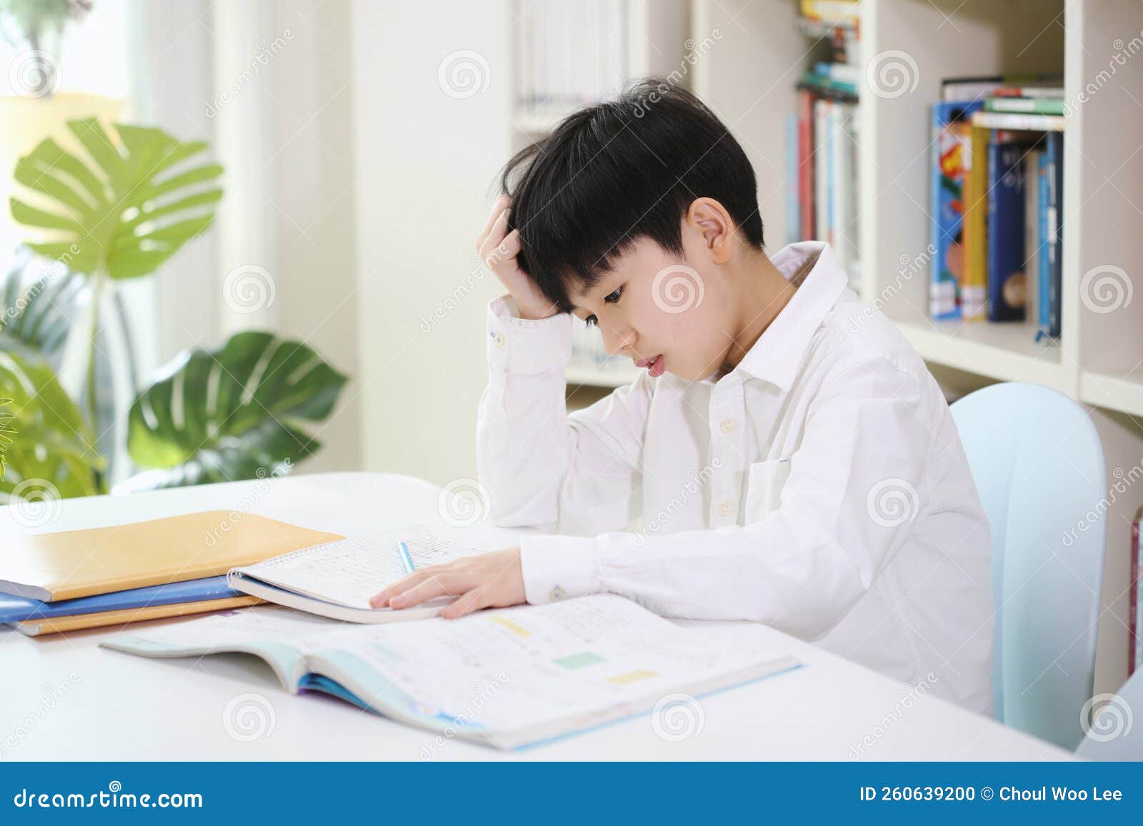 Tired Child Tired of Boring Study and a Lot of Piled Up School Homework ...