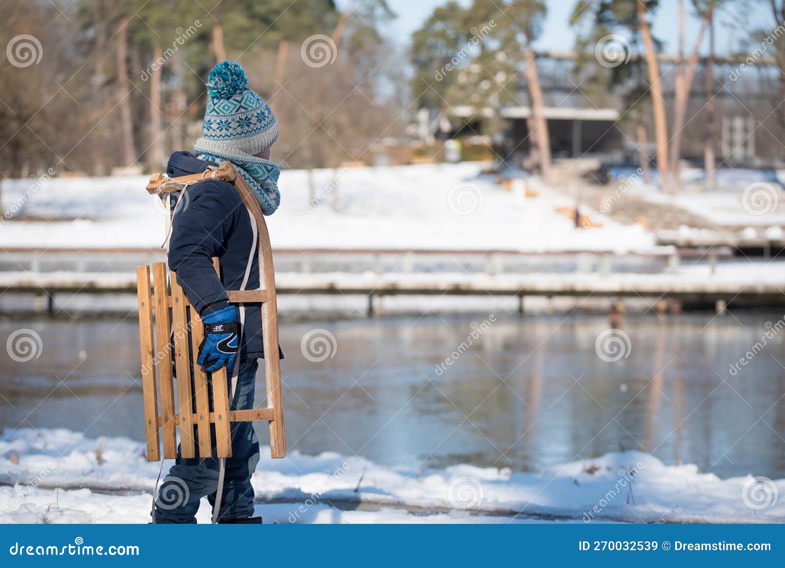 Child with a Wooden Sled in Park a Winters Day Stock Image - Image of ...