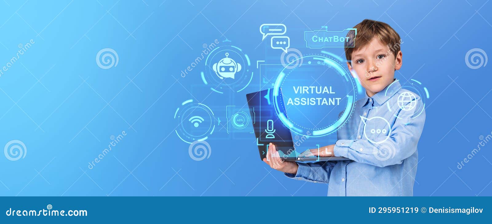Child Working with Laptop, Virtual Assistant Hologram and Icons. Copy ...