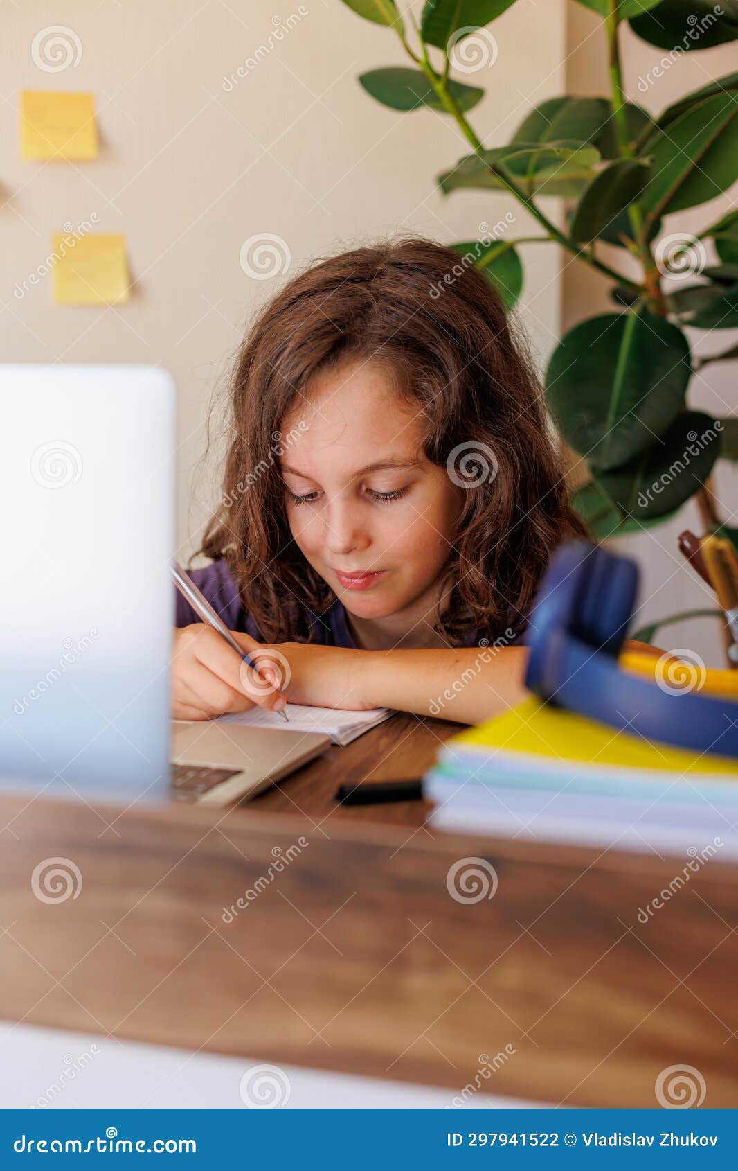 Child Writes in a Notebook Sitting in Front of a Laptop. Boy in Class ...