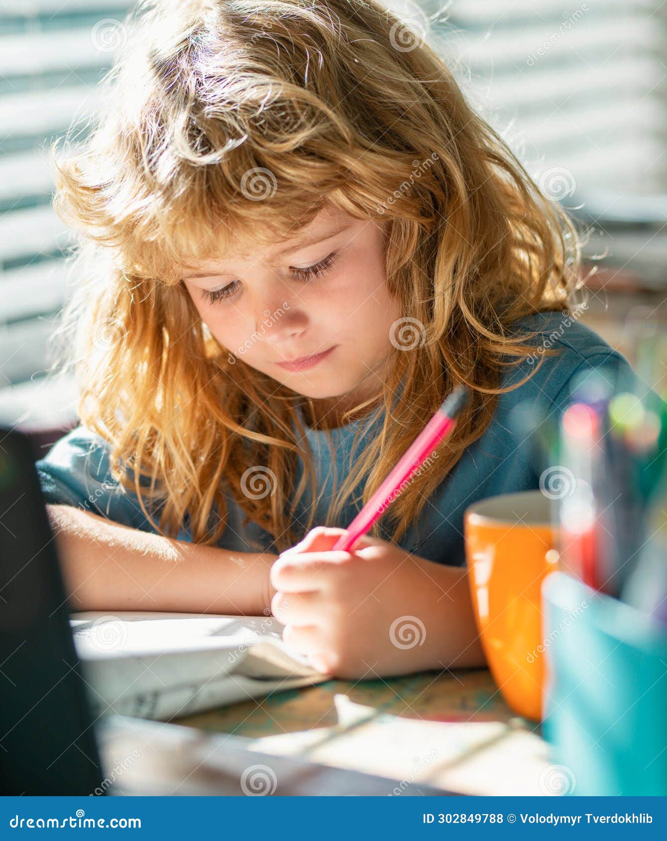 Child Writing Homework in School Class. Kid Boy at Home Writes Draws ...