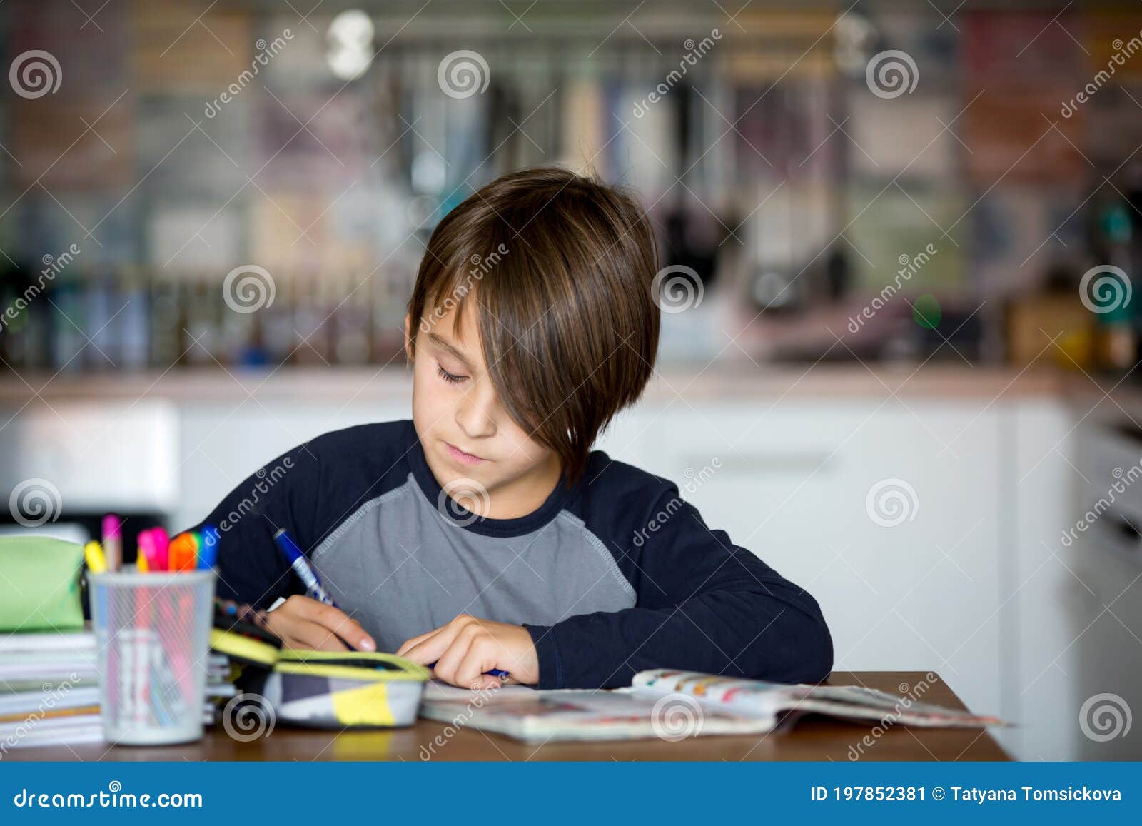 Child, Writing Homeworks, Kid Learning at Home during Pandemic Covid 19 ...