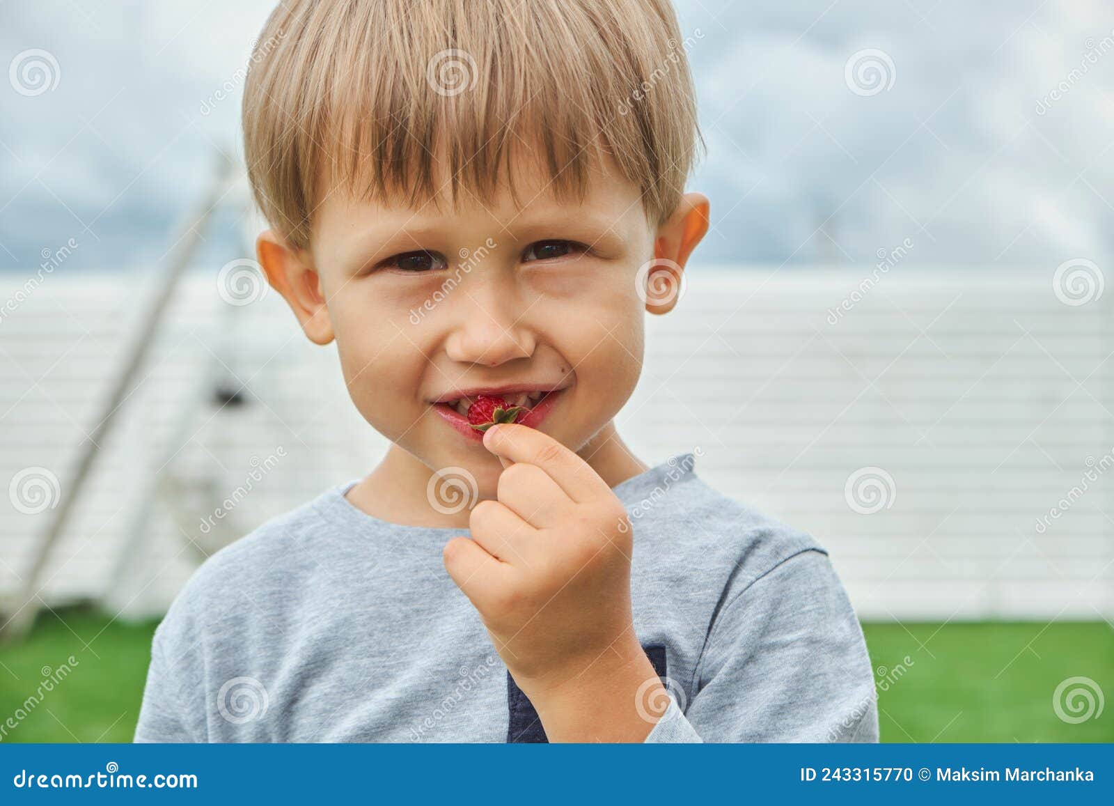 Child 4 Years Old Holding and Eating Raspberries in Backyard Stock ...