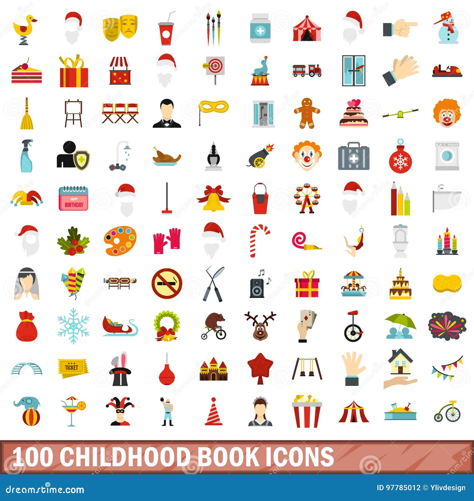 100 Childhood Book Icons Set, Flat Style Stock Vector - Illustration of ...